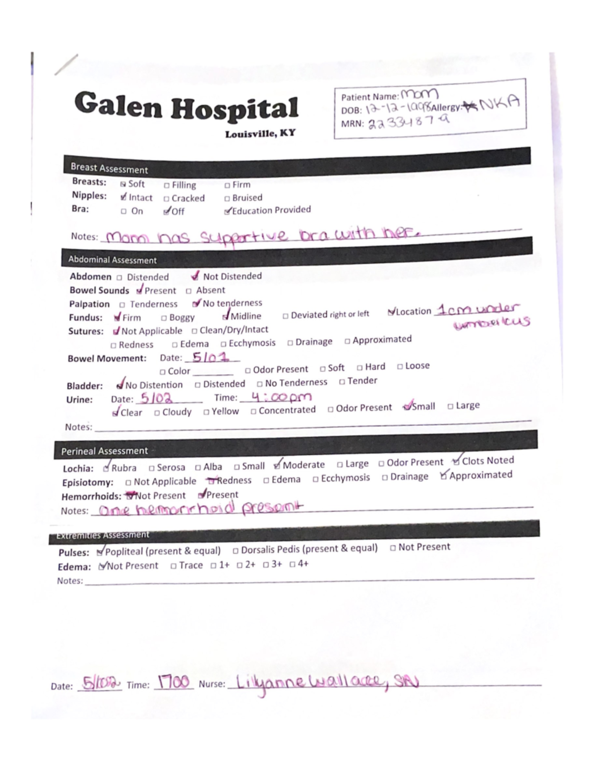 Lab -Hospital (postpartum) - Galen Hospital DOB: NKA Patient Name: mom ...