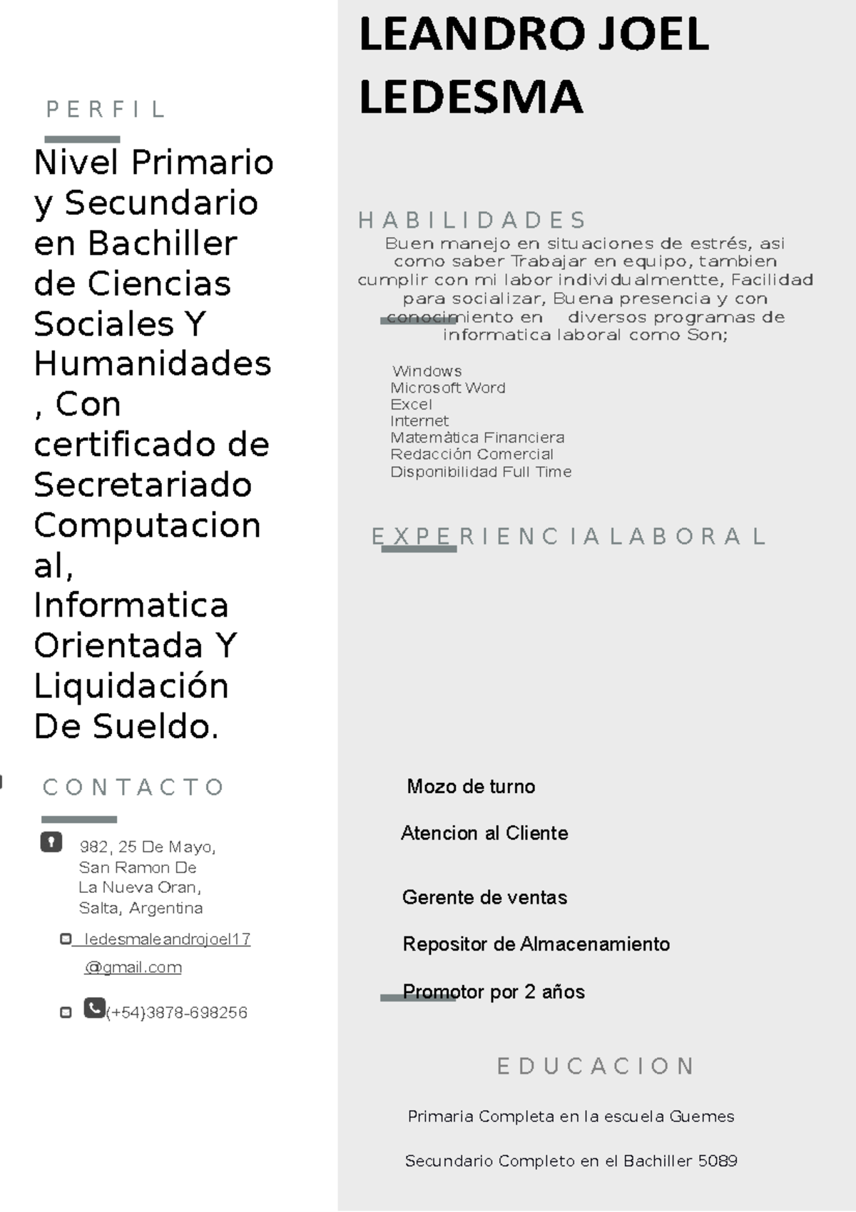 Curriculum Vitae Leandro Ledesma - P E R F I L Nivel Primario y Secundario en Bachiller de ...