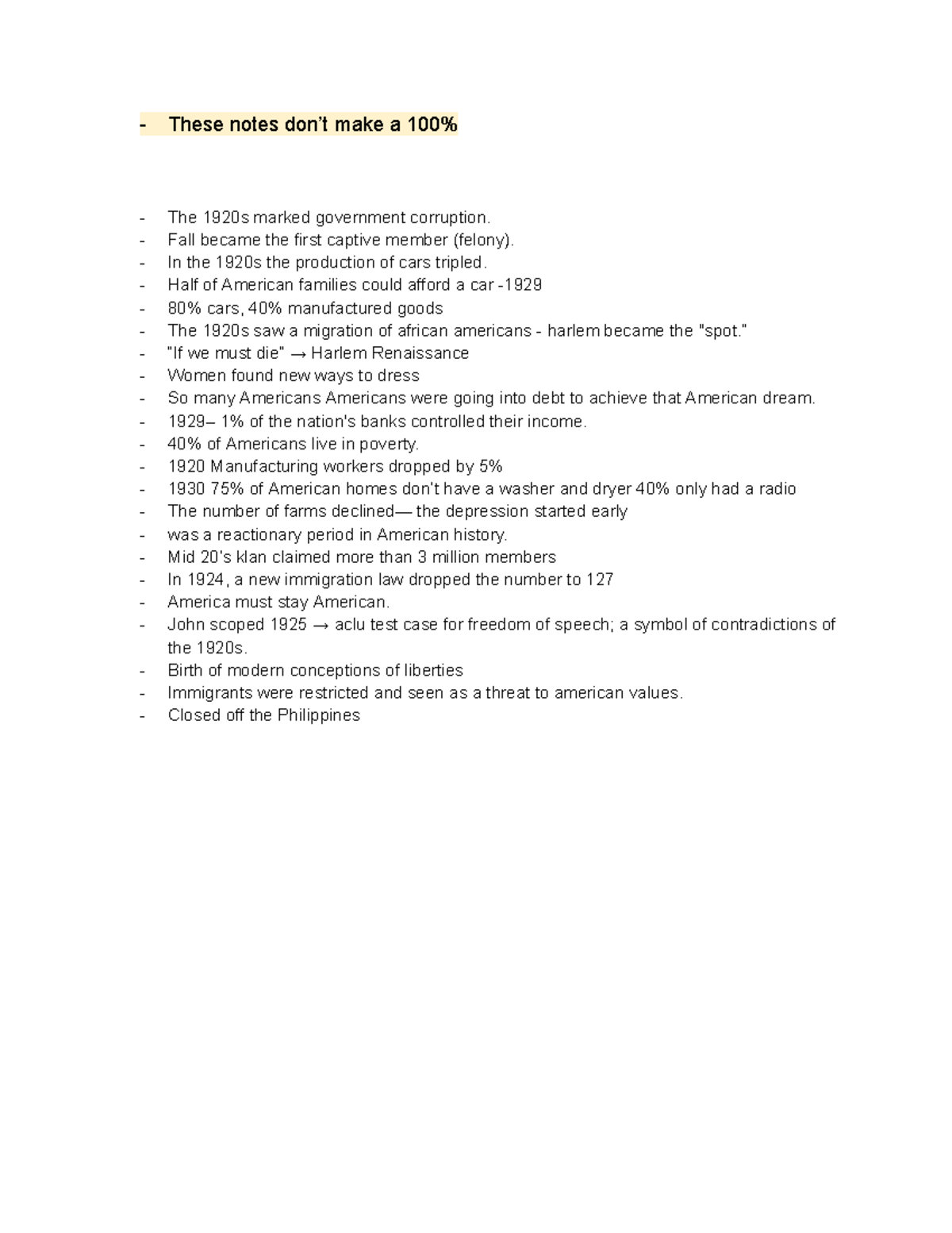 Untitled document (20) copy 2 - These notes don’t make a 100% The 1920s ...