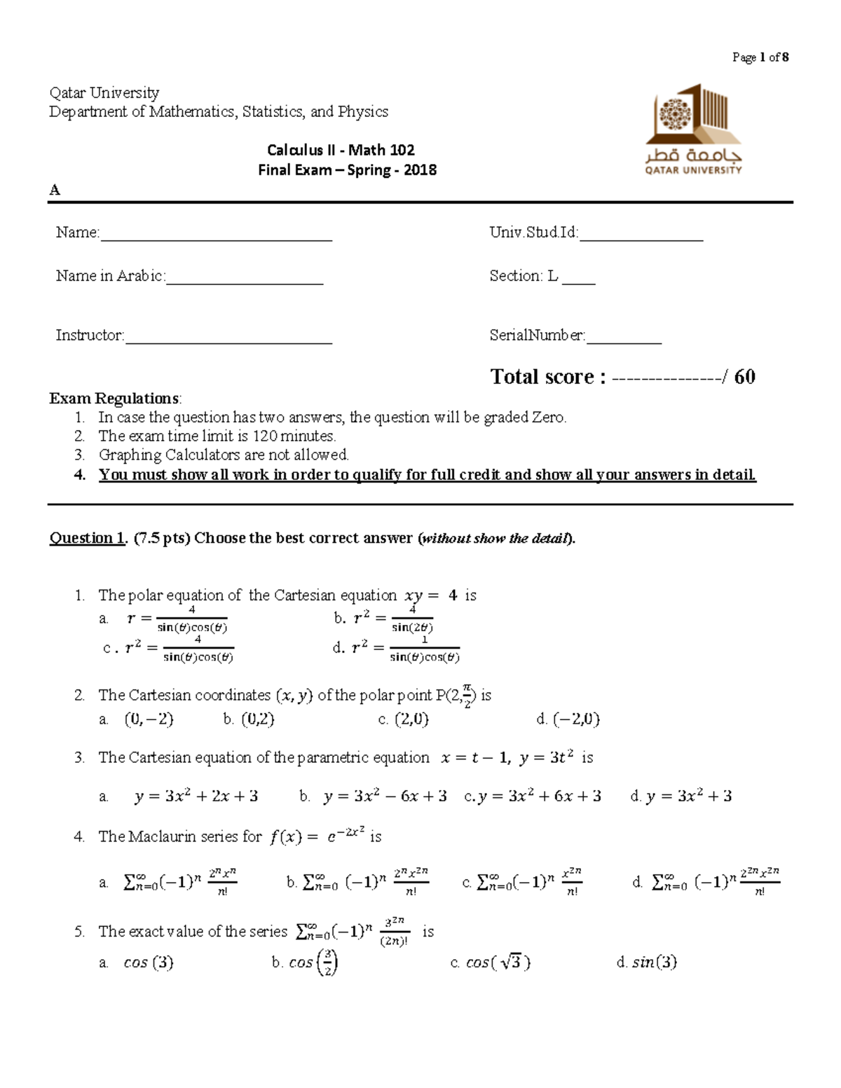 [Spring 2018 ] Final exam - Qatar University Department of Mathematics ...