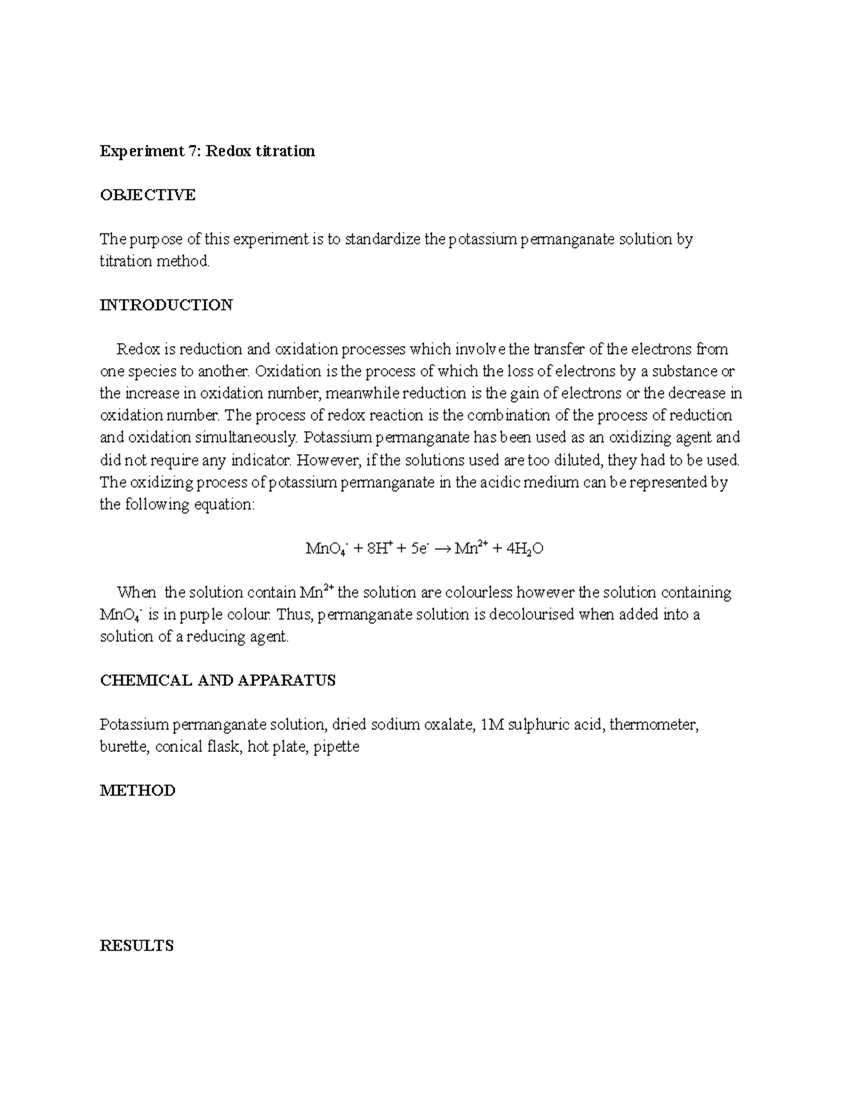 LAB Report CHEM 7 - Experiment 7: Redox titration OBJECTIVE The purpose of this experiment is to ...