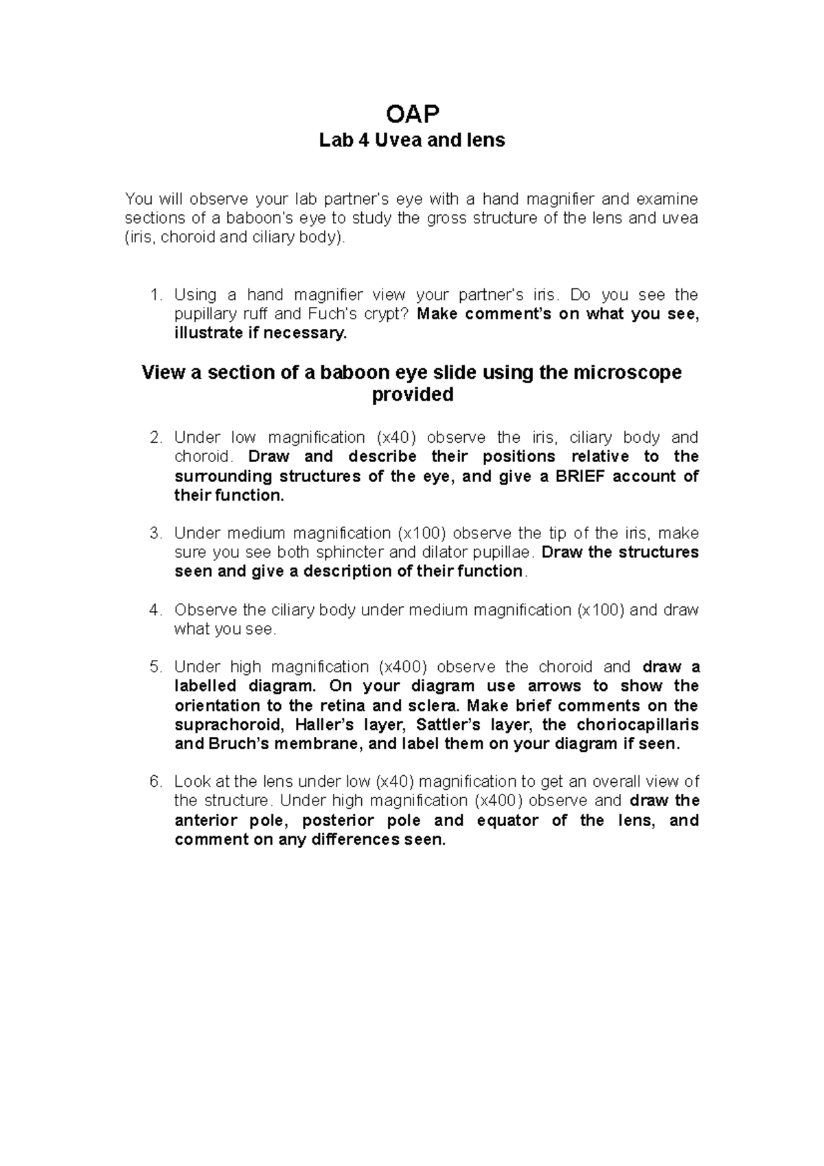 Ophthalmic Anatomy and Physiology A- Lab 4 Uvea and Lens 2017 Handout ...