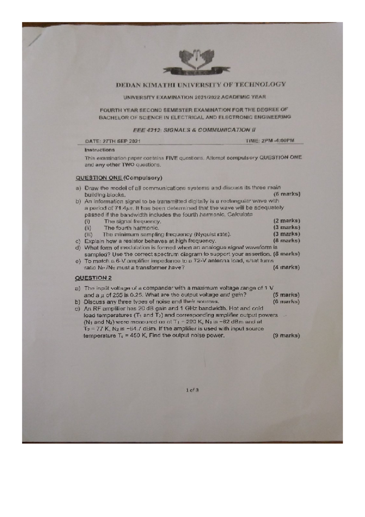 Signals and Communication II Exam - DEDAN KIMATHI UNIVERSITY OF ...