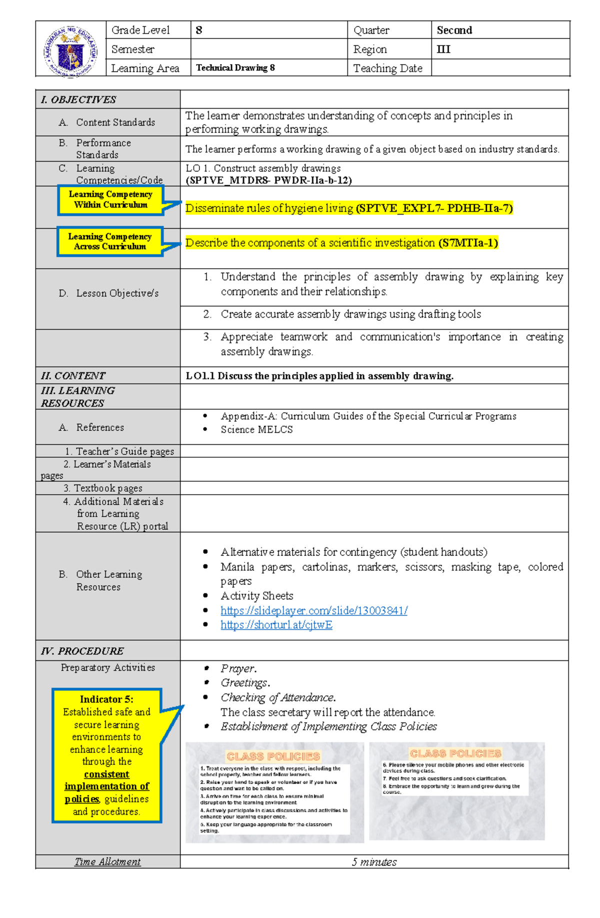 DLL 1st-COnew - Semester Region III Learning Area Technical Drawing 8 ...