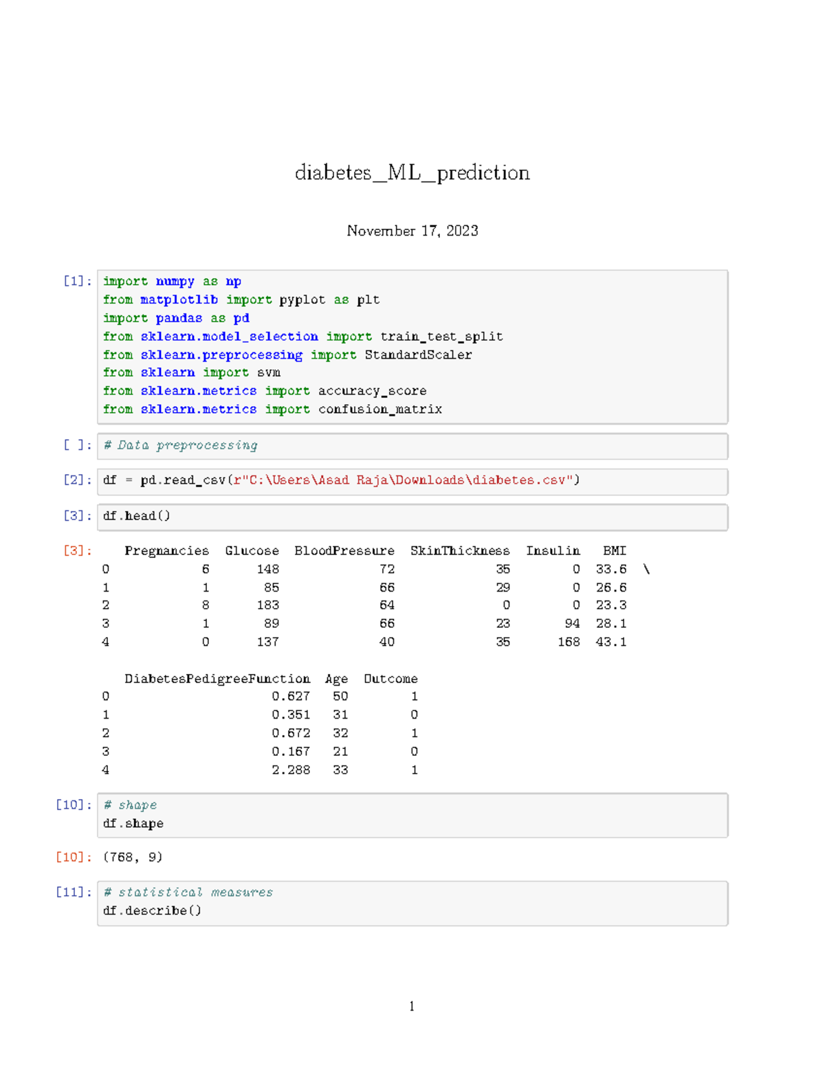 Diabetes ML Model 1701155937 - diabetes_ML_prediction November 17, 2023 ...