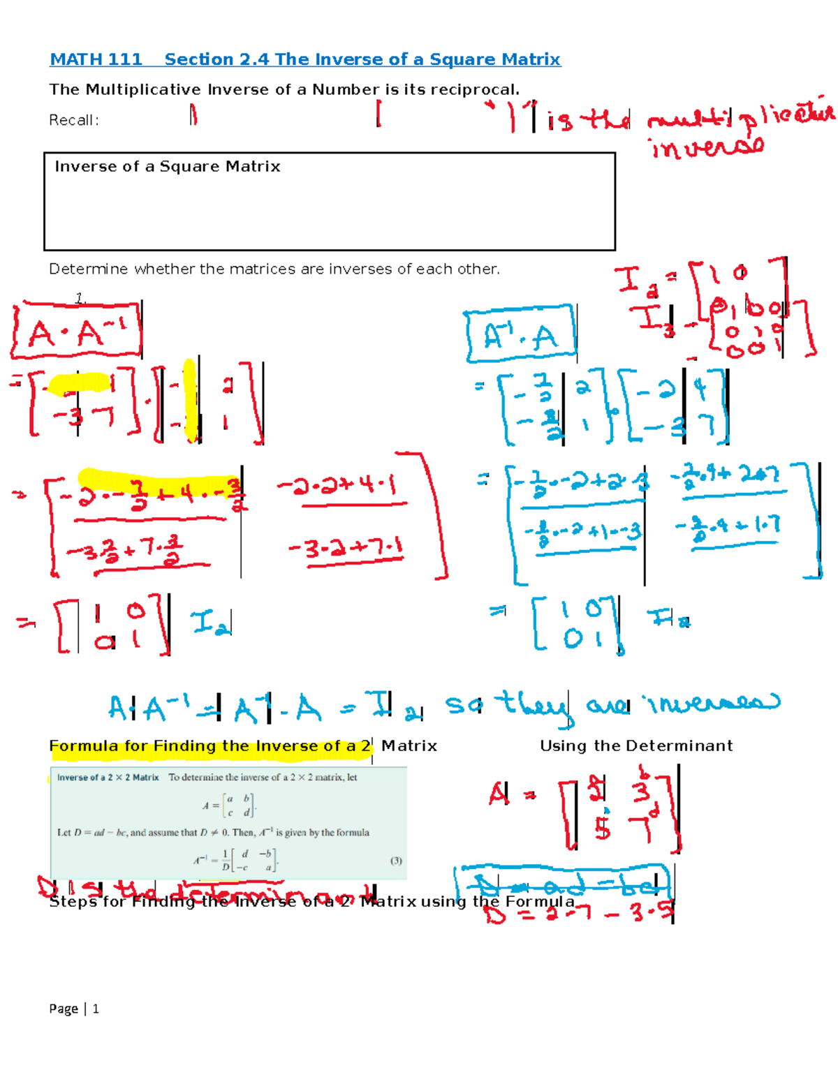 Section 2.4 The Inverse of a Square Matrix - MATH 111 Section 2 The ...