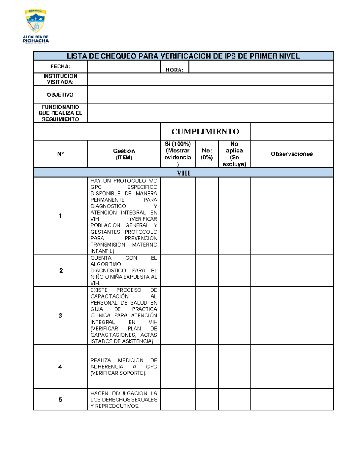 Lista de chequeo VIH - ITS - LISTA DE CHEQUEO PARA VERIFICACION DE IPS ...