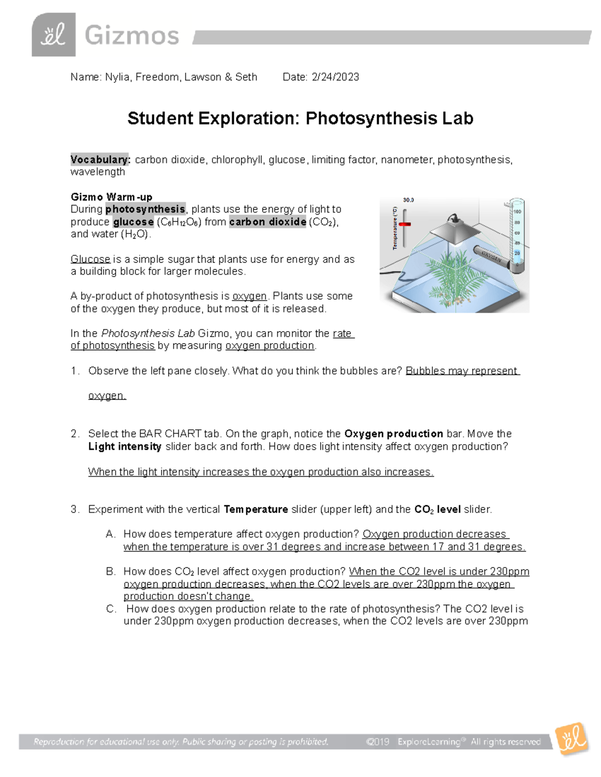 Photosynthesis Lab 4A - bio - Name: Nylia, Freedom, Lawson & Seth Date ...
