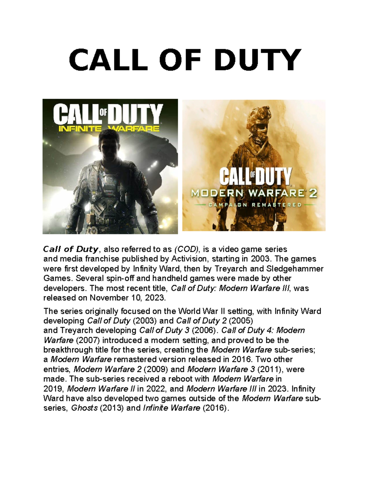 lectures for tqm - CALL OF DUTY Call of Duty, also referred to as (COD ...