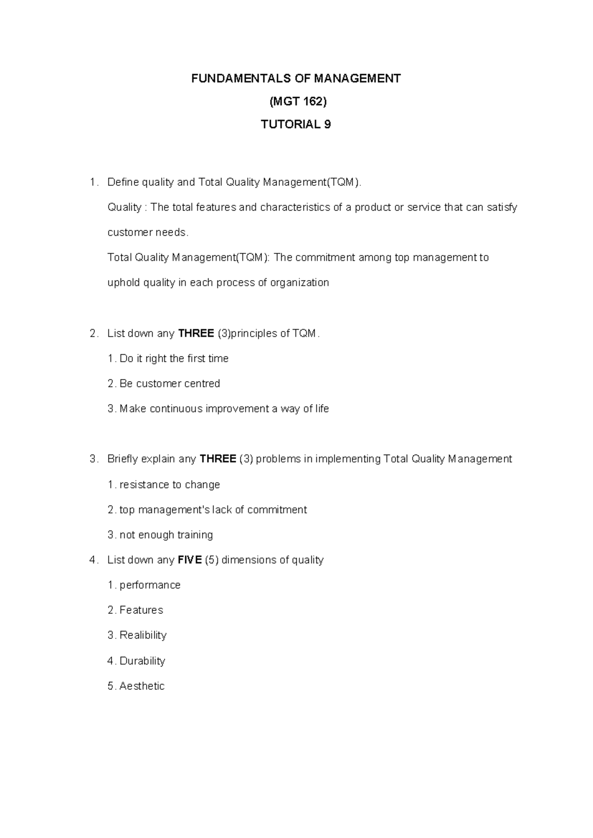 Tutorial 9 - chapter 9 - FUNDAMENTALS OF MANAGEMENT (MGT 162) TUTORIAL ...