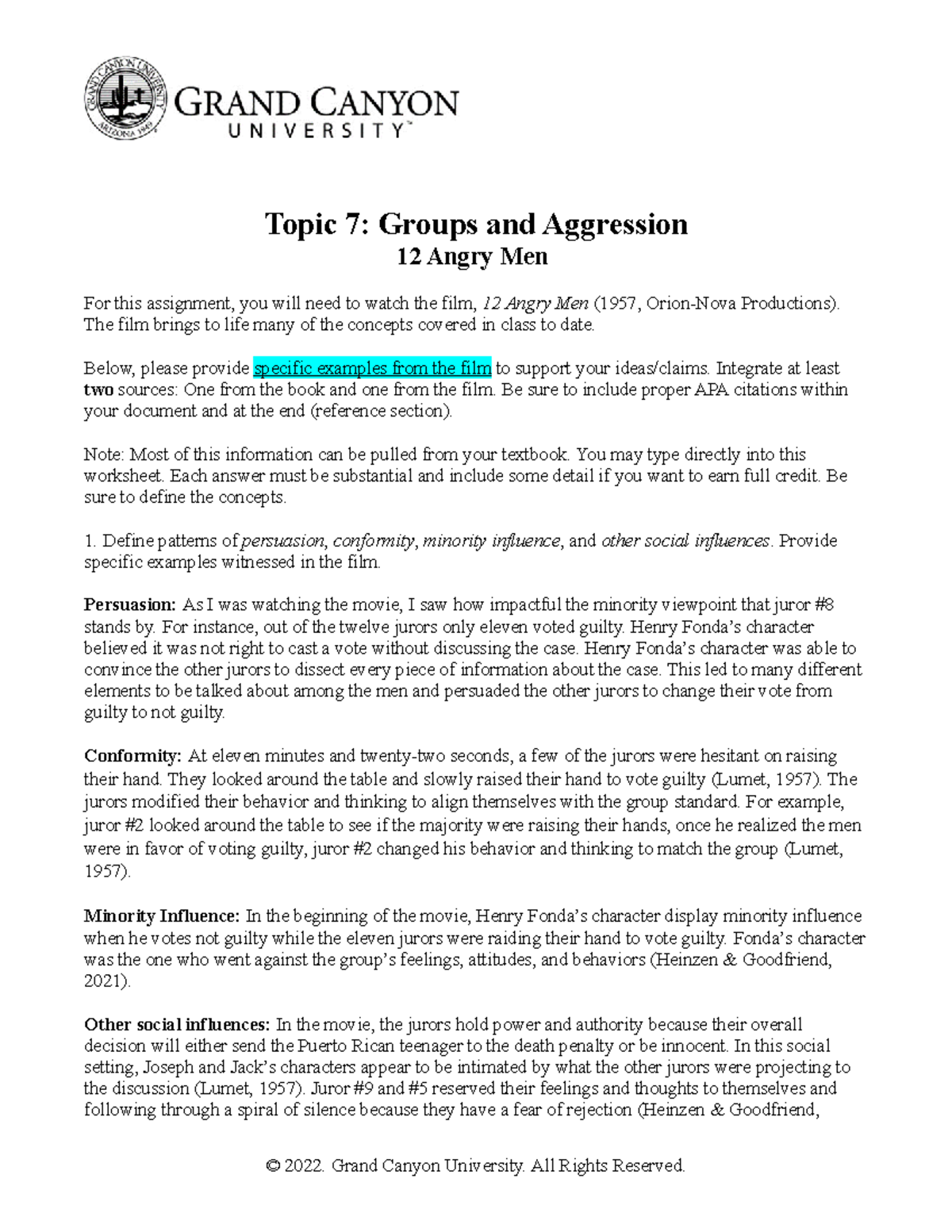 12 Angry Men - week 1 assignments - Topic 7: Groups and Aggression 12 ...