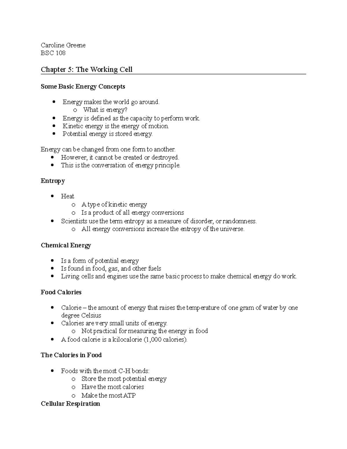 Chapter 5 - The Working Cell - Caroline Greene BSC 108 Chapter 5: The ...