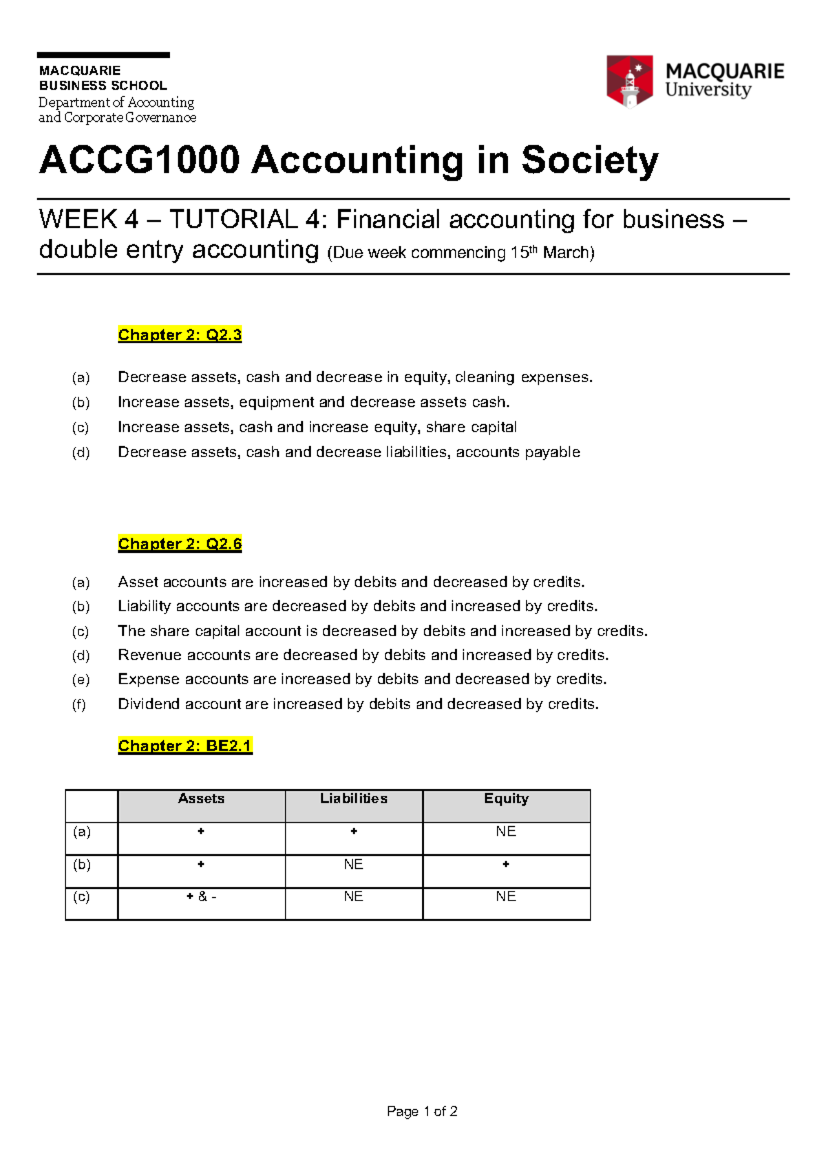 Week 4 Tutorial Solutions - Page 1 of 2 MACQUARIE BUSINESS SCHOOL ...
