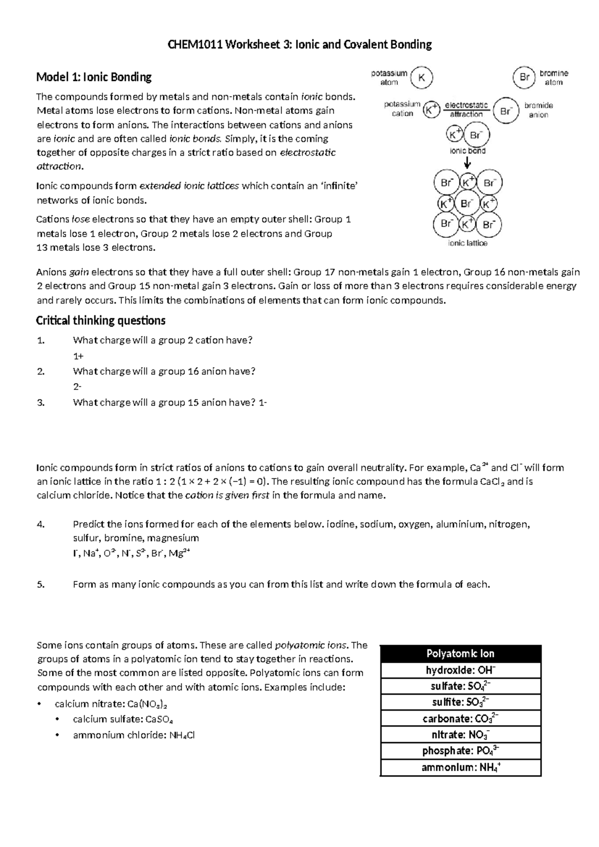 Tutorial 03 - Practice - CHEM1011 Worksheet 3: Ionic and Covalent ...