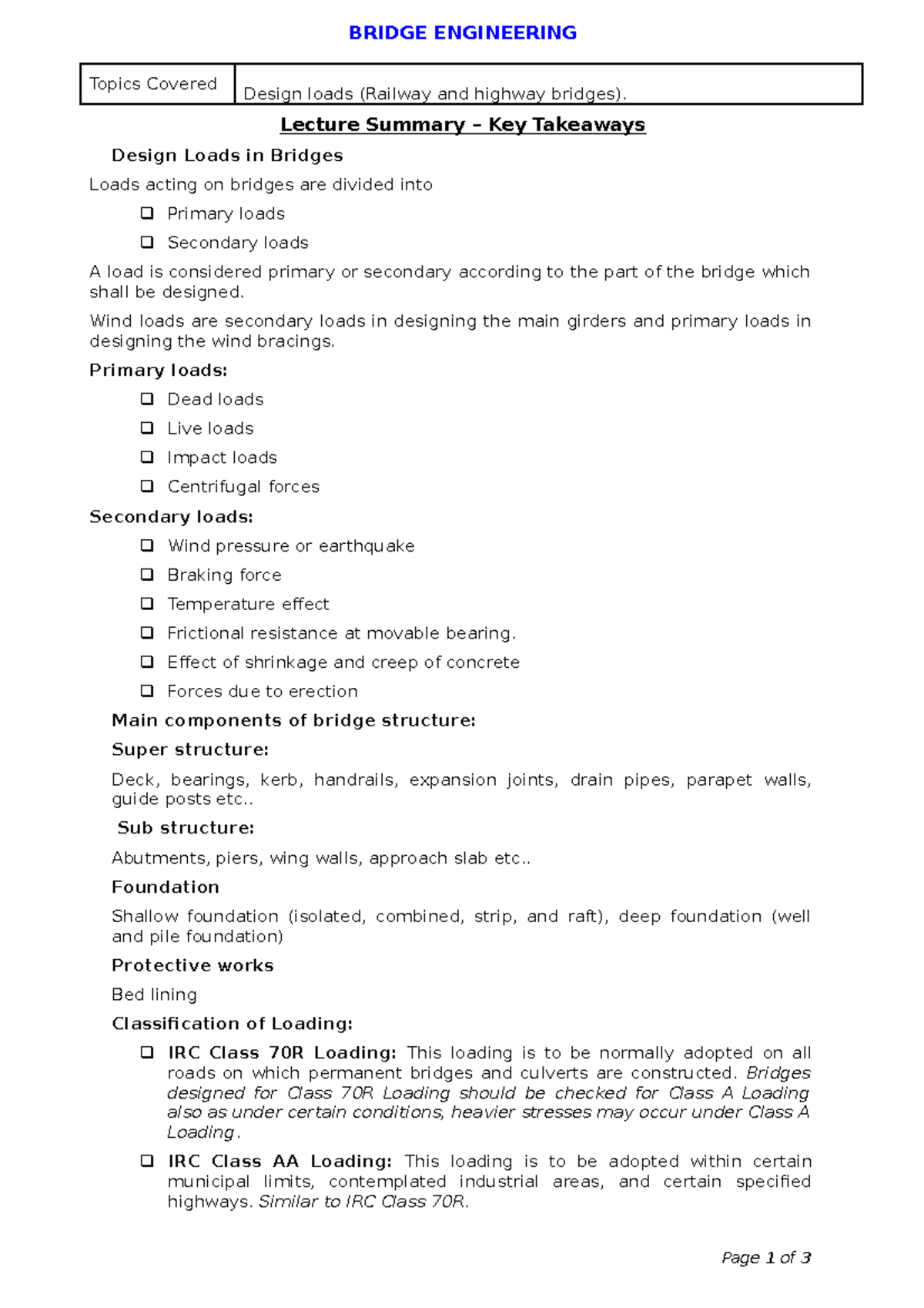 Design loads (Railway and highway bridges) - Lecture Summary – Key Takeaways Design Loads in ...