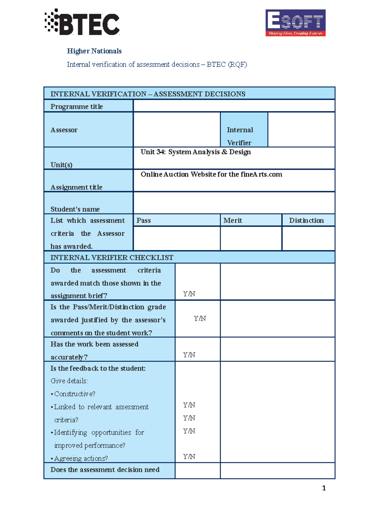 SAD 02 - assingmnet data - Higher Nationals Internal verification of assessment decisions – BTEC ...