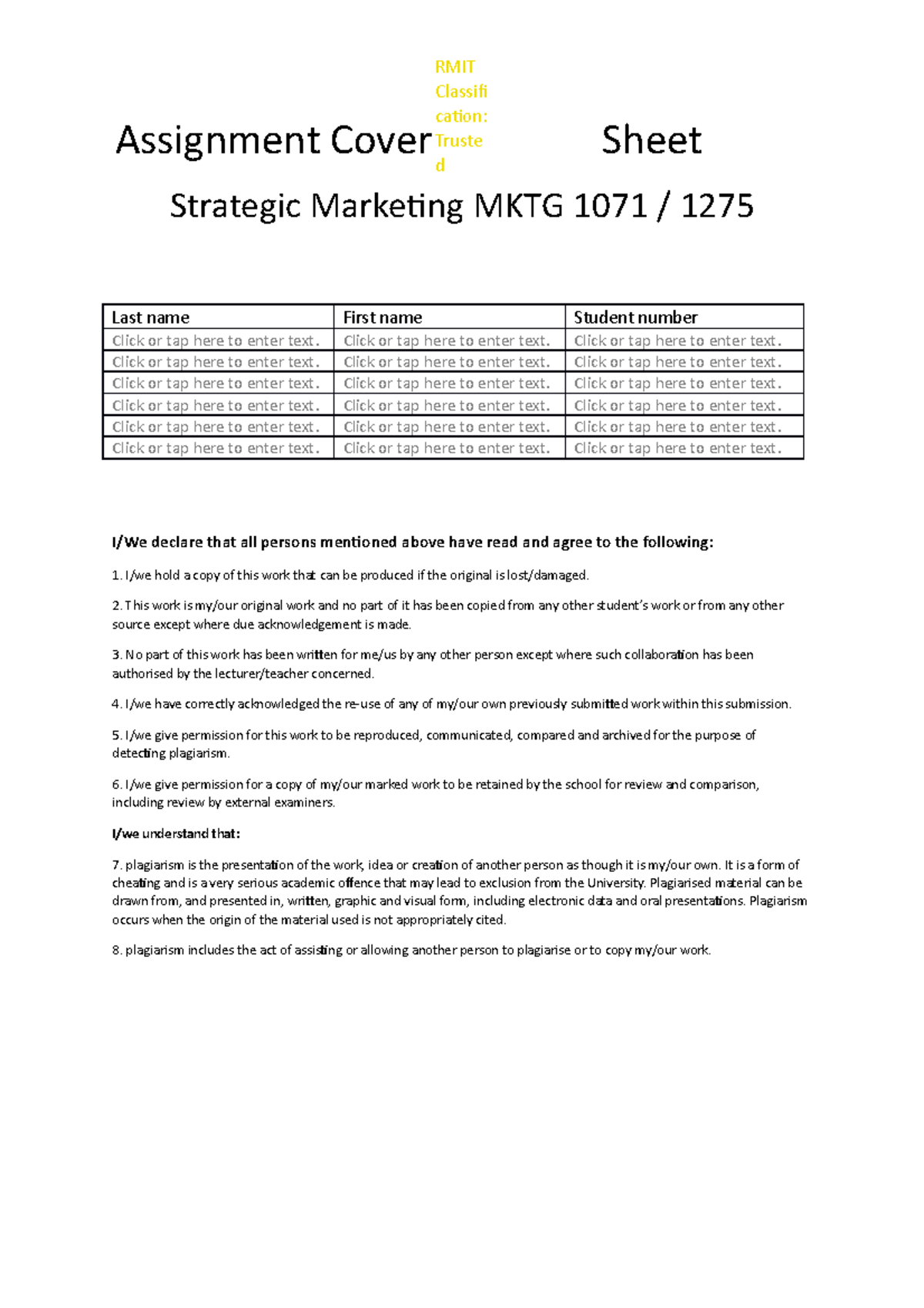 Assignment Cover Sheet - Assignment Cover Sheet Strategic Markeing MKTG ...