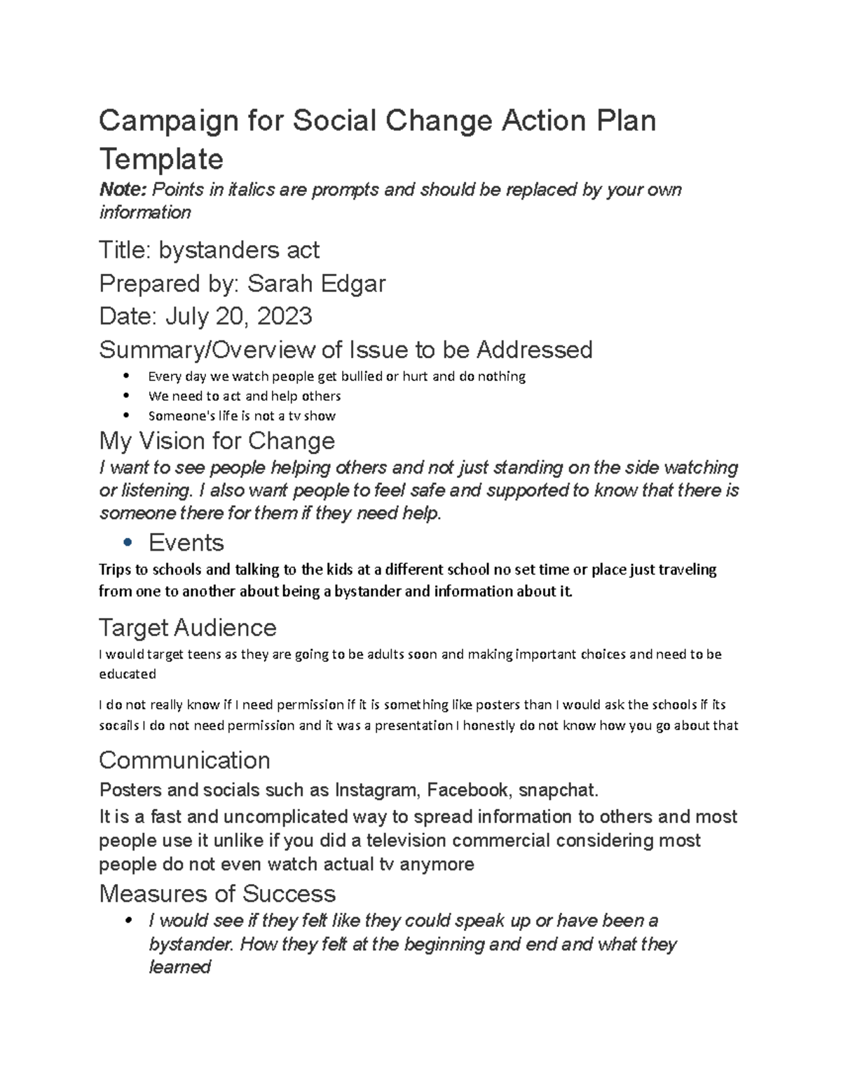 Action Plan - Campaign for Social Change Action Plan Template Note ...
