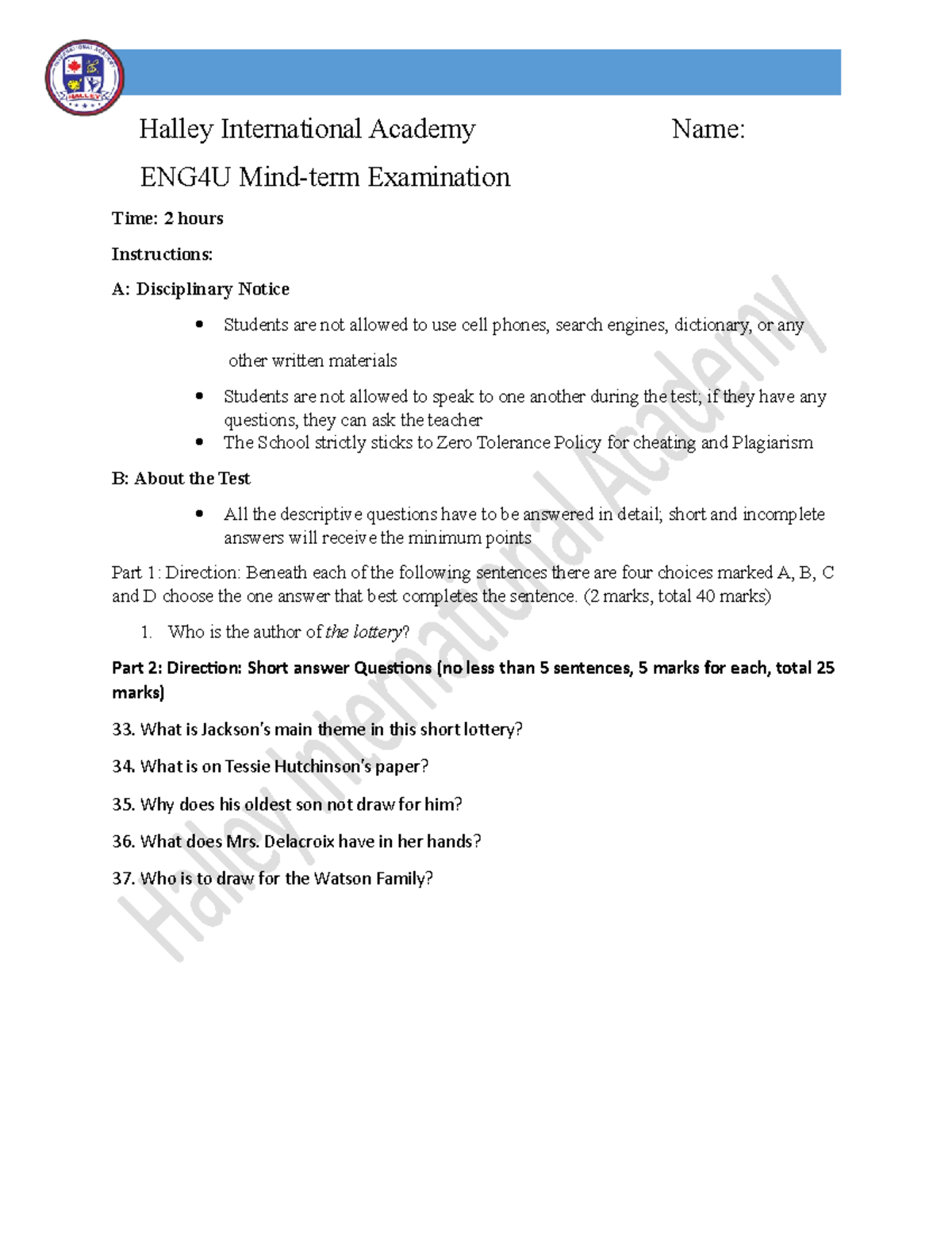 ENG4U mid-term2022 - Halley International Academy Name: ENG4U Mind-term ...