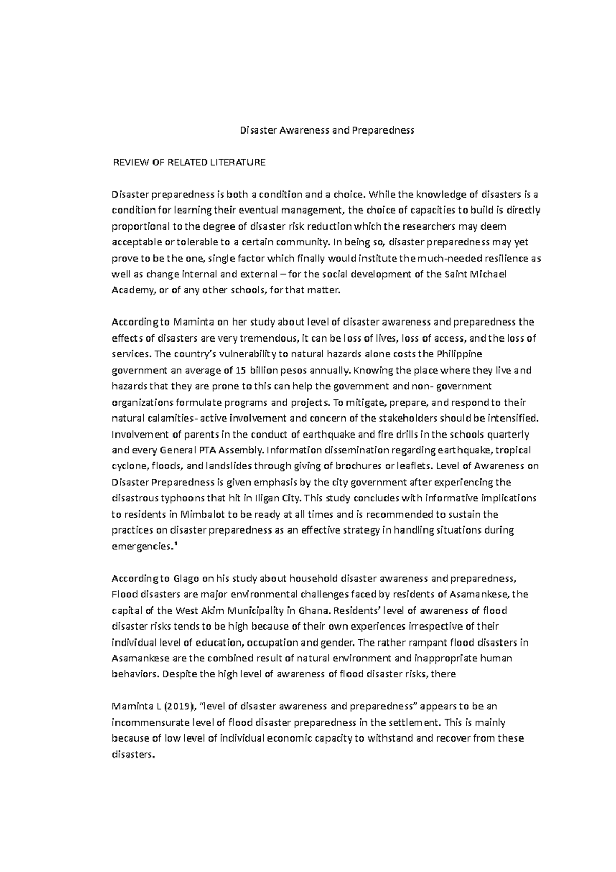 Review Related literature - Disaster Awareness and Preparedness REVIEW ...