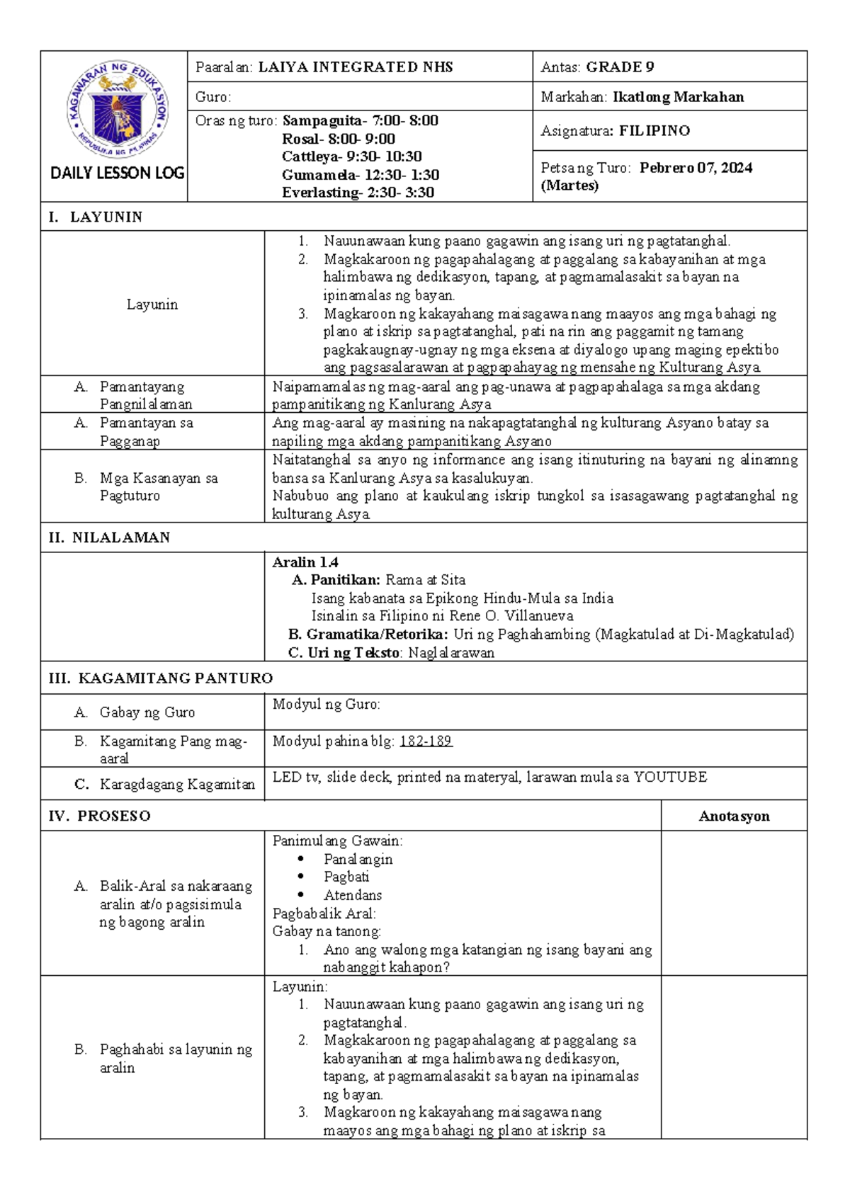 Lesson - Paaralan: LAIYA INTEGRATED NHS Antas: GRADE 9 Guro: Markahan ...