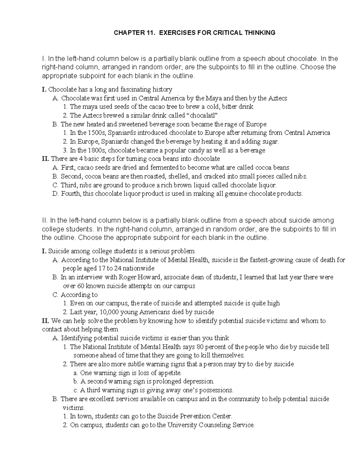 Chapter 11- Exercises for Critical Thinking - CHAPTER 11. EXERCISES FOR CRITICAL THINKING I. In ...