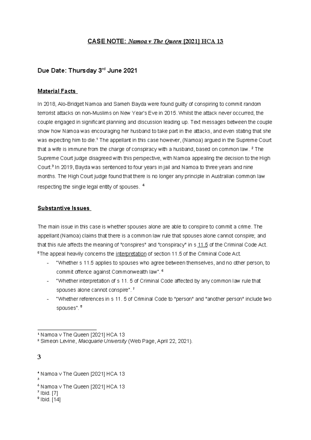 LLB101 Case Note Assignment - CASE NOTE: Namoa v The Queen [2021] HCA ...