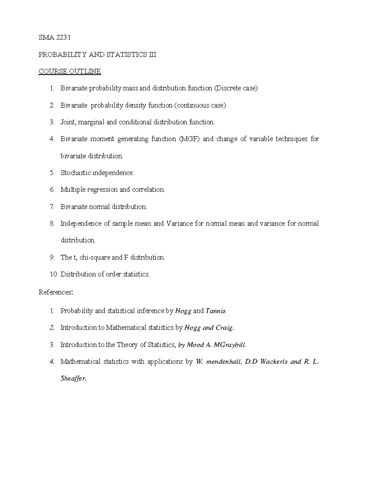STA 2201 Probability and Statistics III - SMA 2231 PROBABILITY AND ...