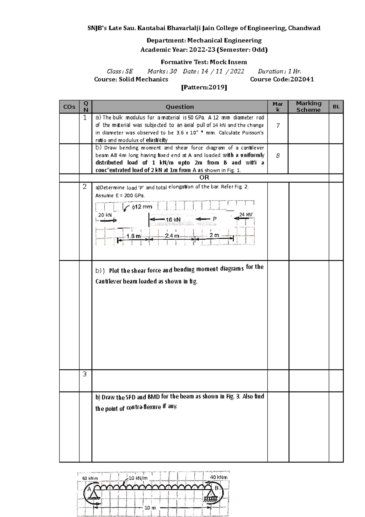Mock Insem QP Format from July 2022 - 60 kNm 10 kN/m 40 kNm - 10 m SNJB ...
