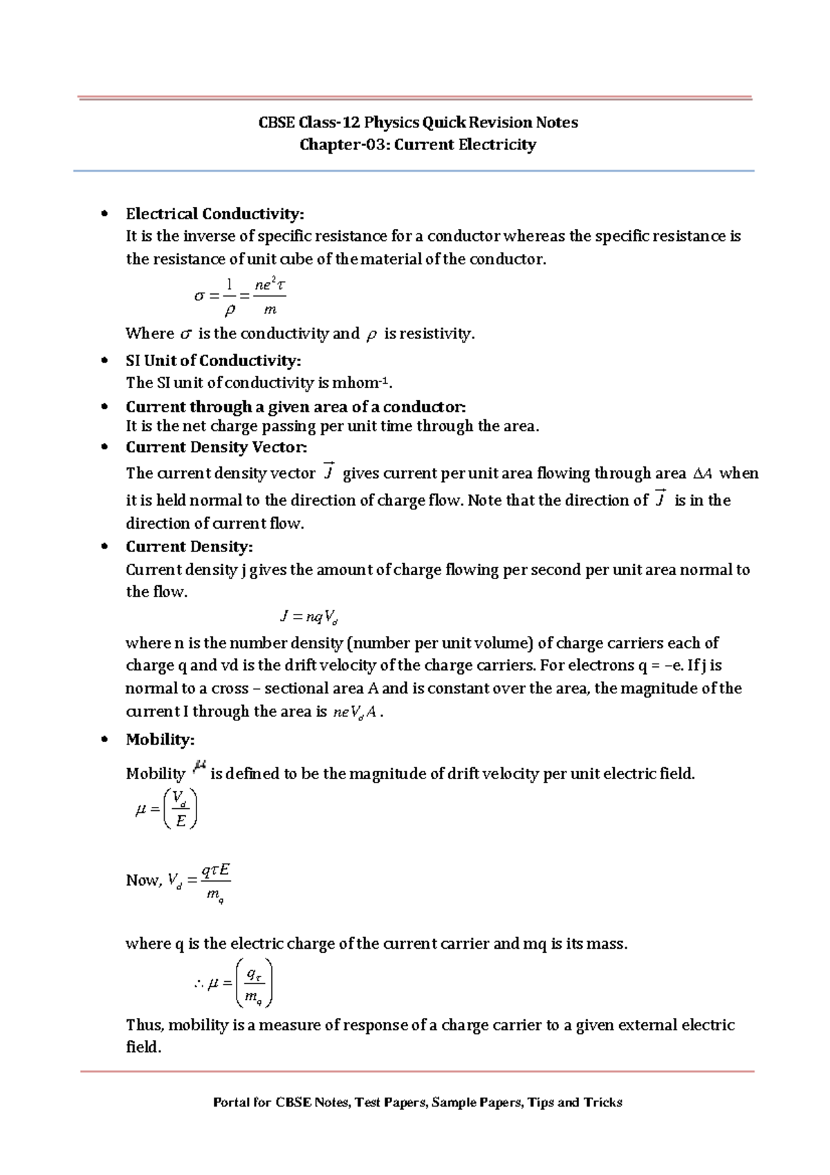 12 physics notes ch03 current electricity - CBSE Class-12 Physics Quick ...