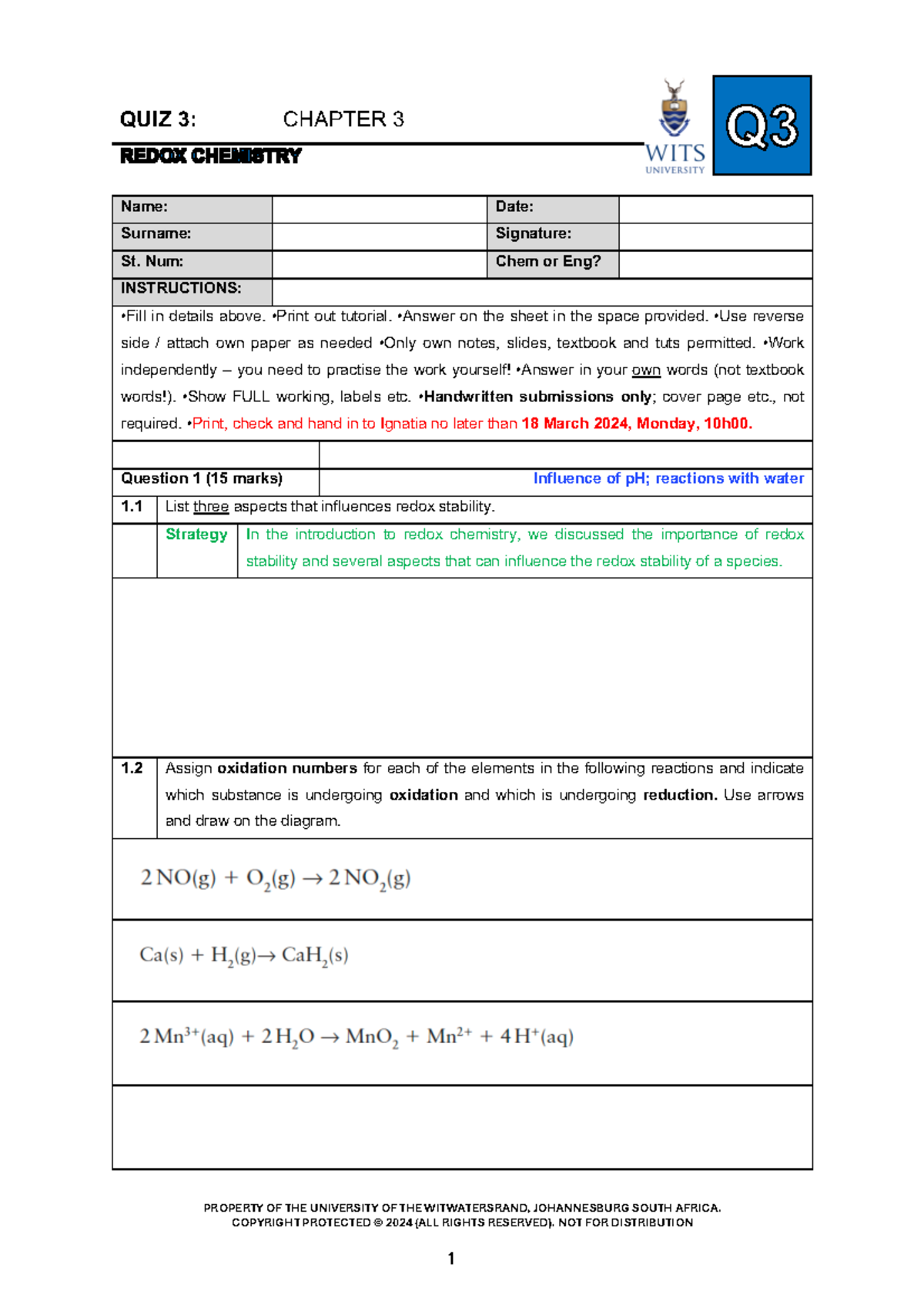 Quiz 3 - Chapter 3 16 March 2024 - PROPERTY OF THE UNIVERSITY OF THE ...