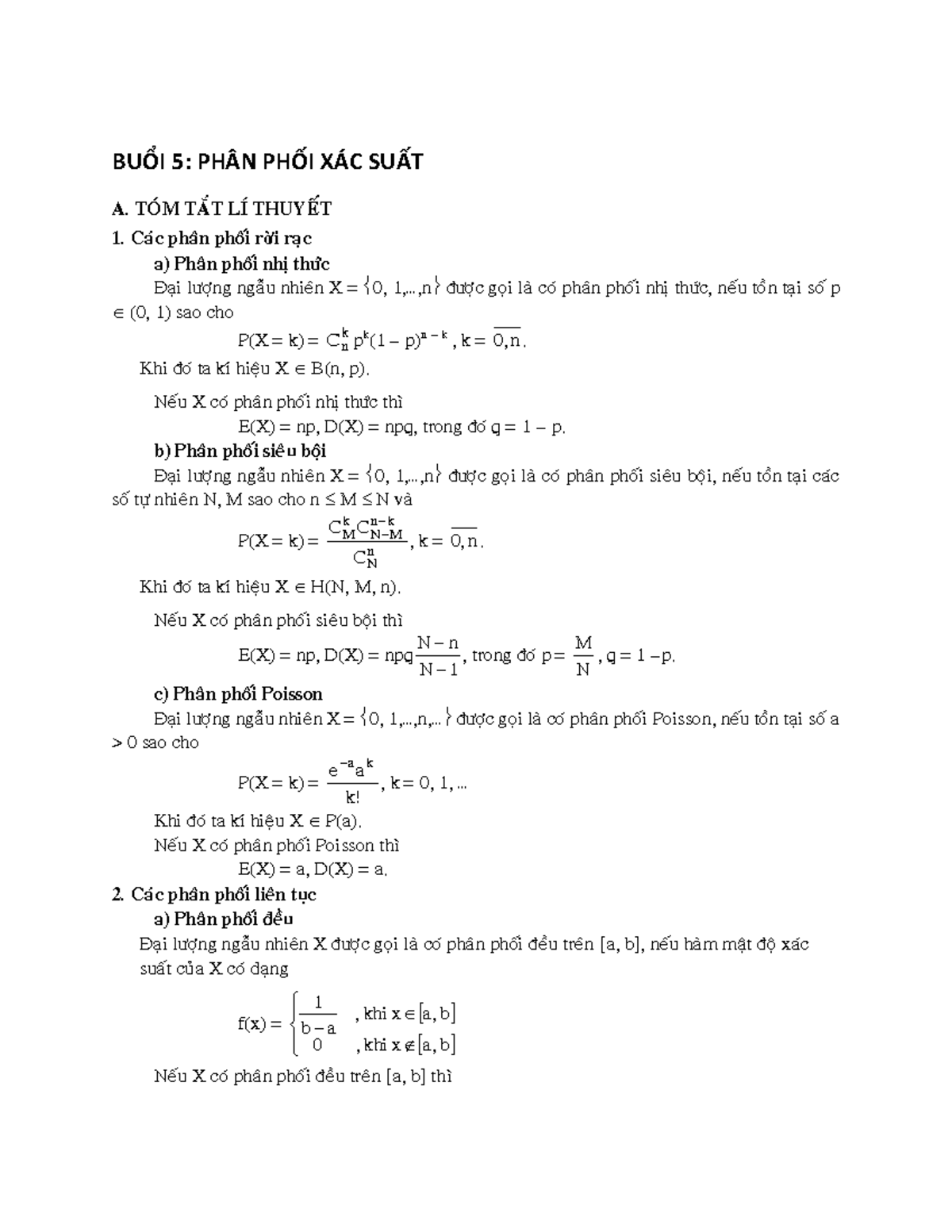 Baitapbuoi 5-6 - ....... - BUỔI 5: PHÂN PHỐI XÁC SUẤT A. TOŸM TA.. LÕ THUYE¡T Ca ̆c pha‚n pho·i ...