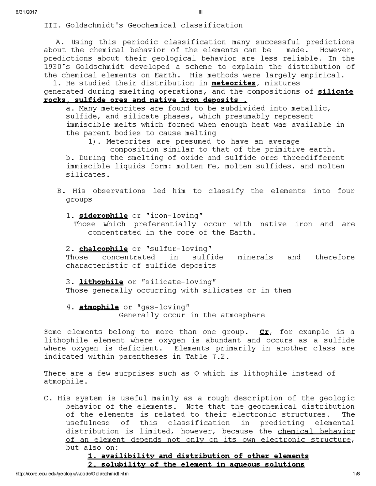III Godschmidt's Geochemical classification - Geochemical ...