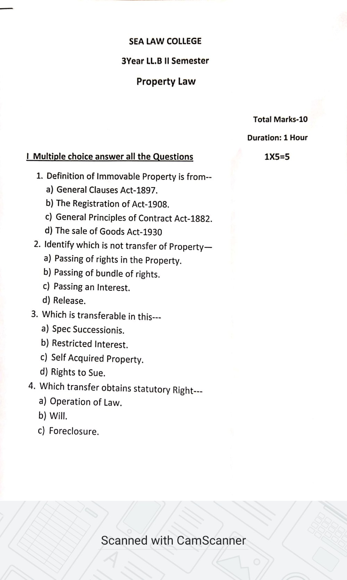 3 year LLB 2nd Semester Internal Exam Question Paper - Property Law ...