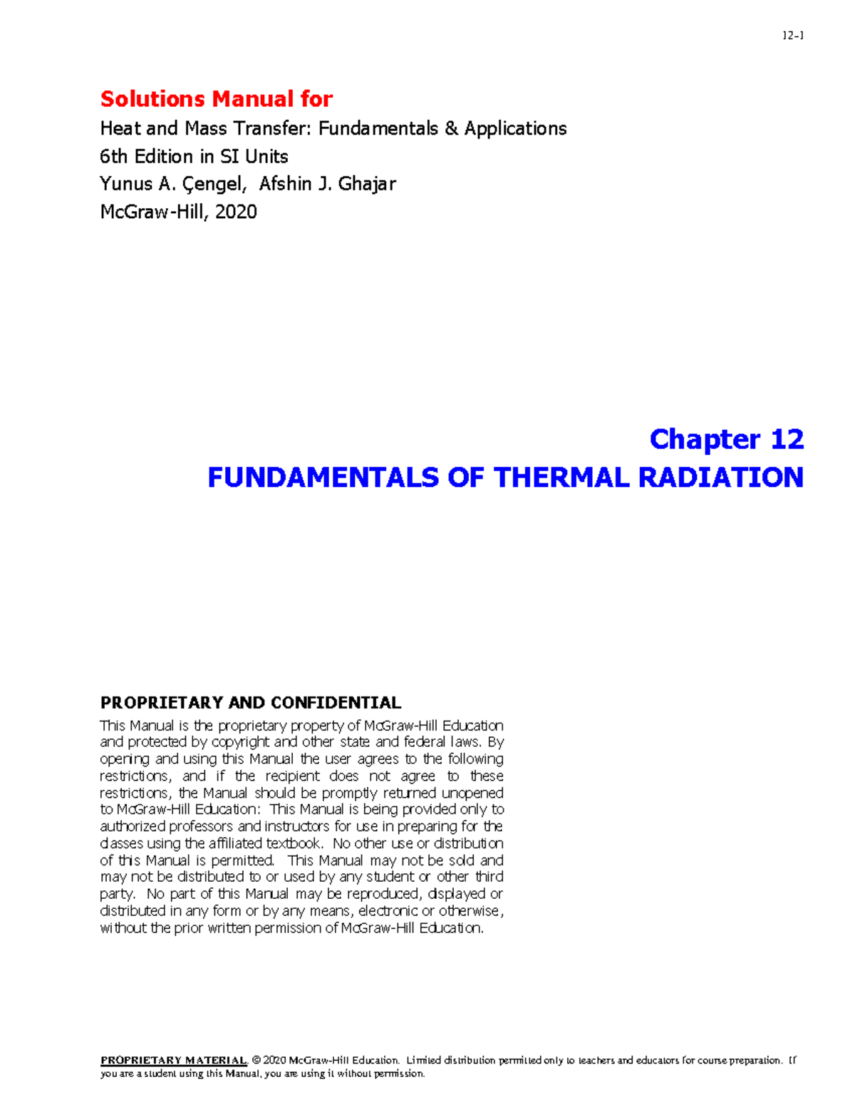 SI Heat 6e SM Chap12 - Solution - PROPRIETARY MATERIAL. © 2020 McGraw ...