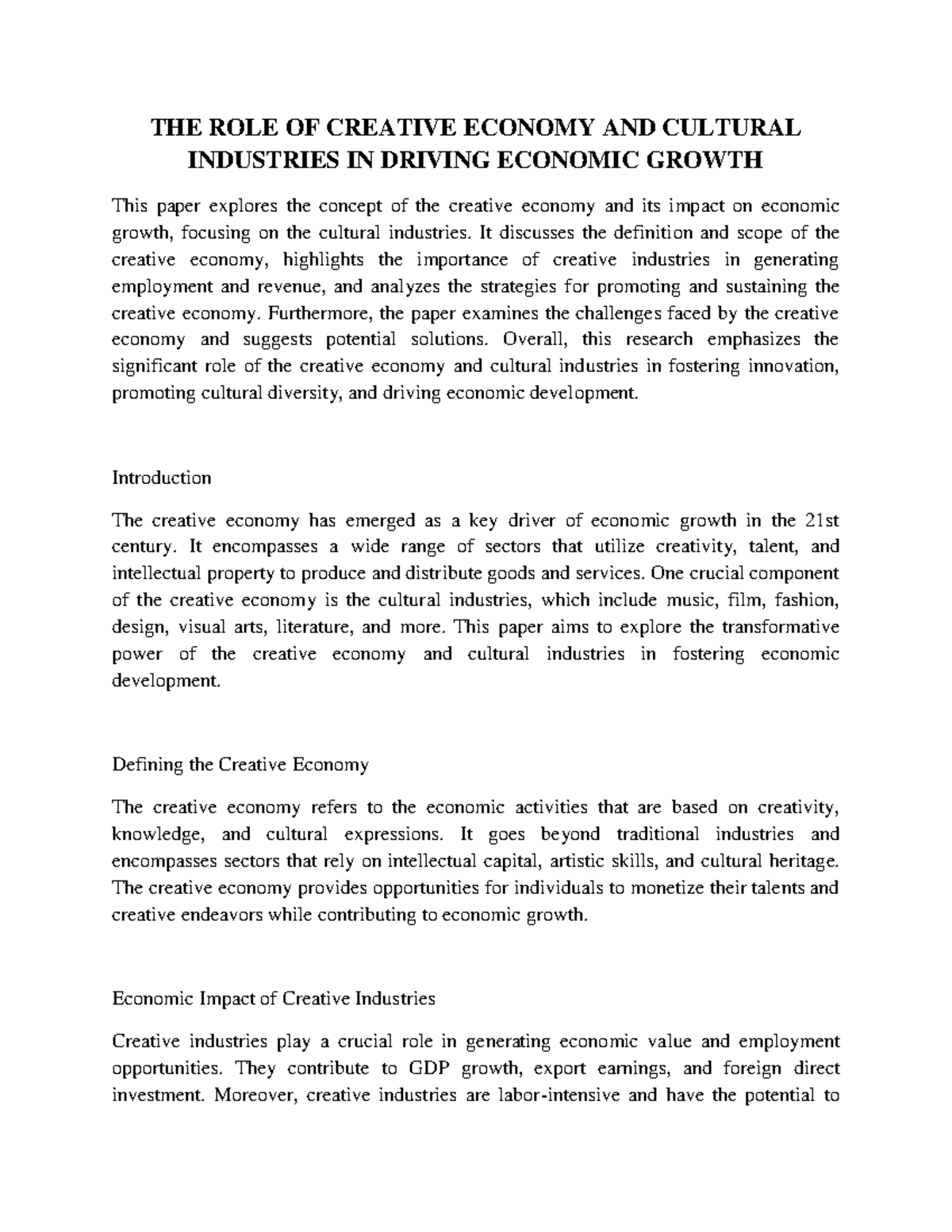 THE ROLE OF Creative Economy AND Cultural Industries IN Driving ...