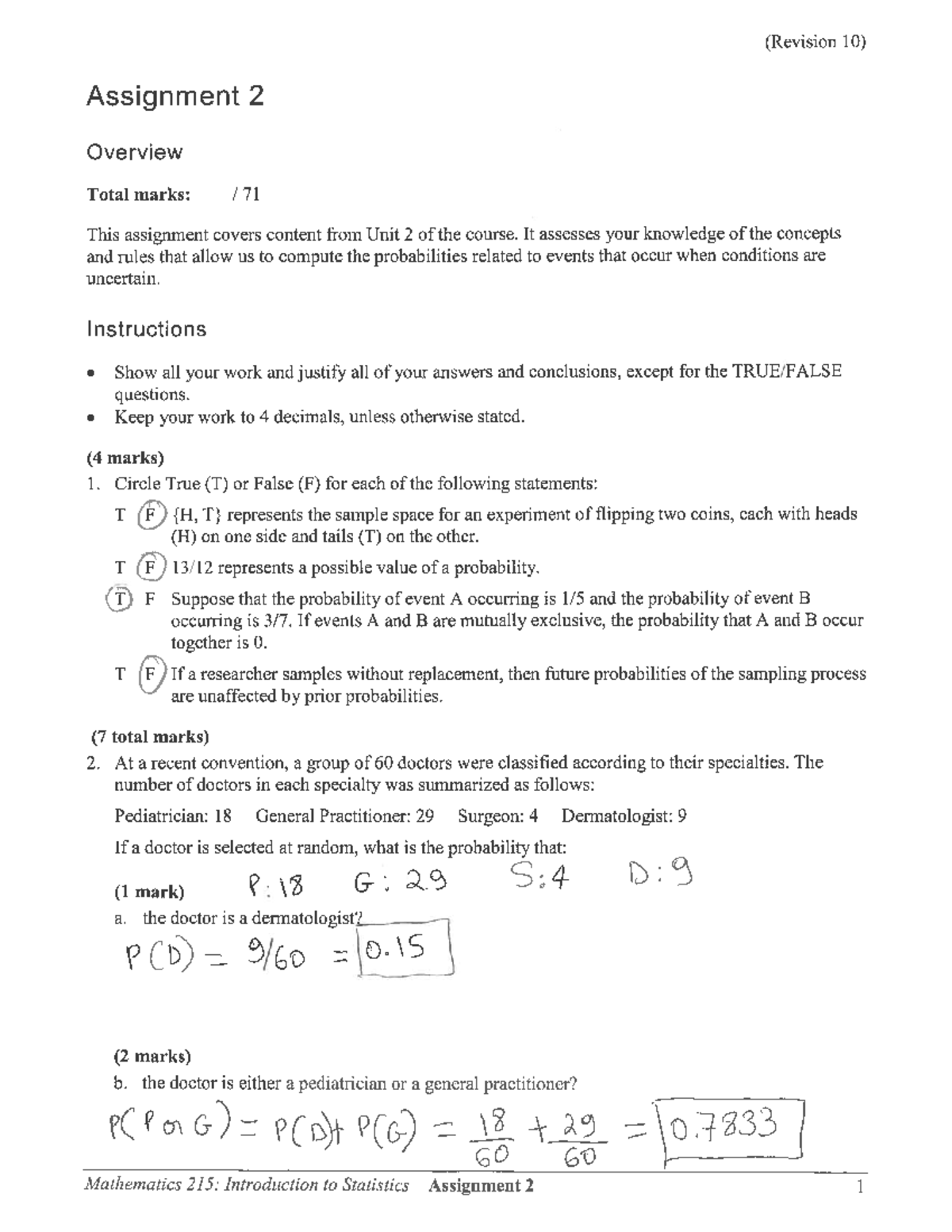 Math 215 Assignement 2 Rev 10 Athabasca U Math 215 Warning