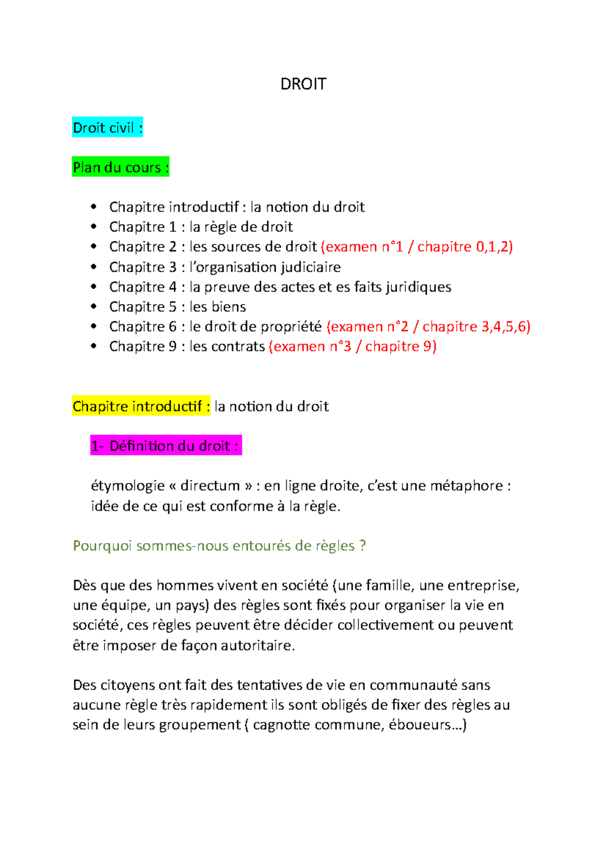 Droit chapitre introductif + chapitre 1 - DROIT Droit civil : Plan du cours : Chapitre ...