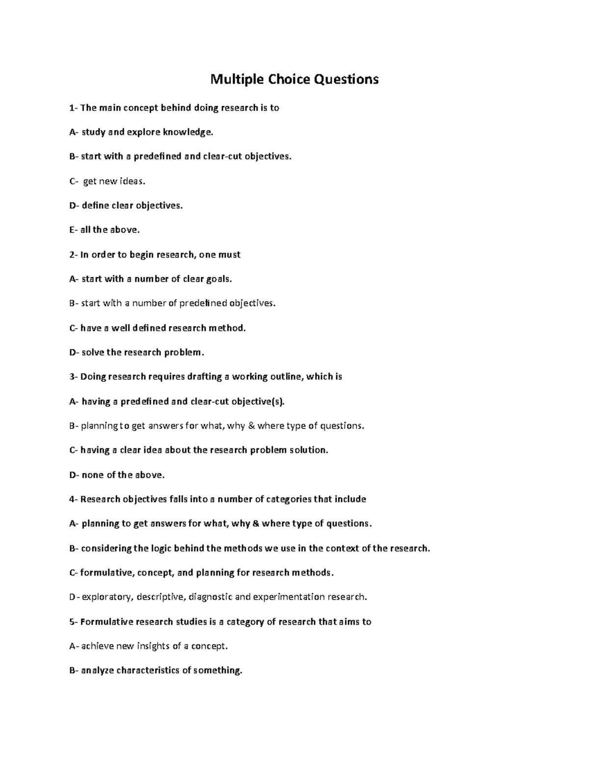 Dlscrib Research Methodology mcqs - Multiple Choice Questions 1- The ...