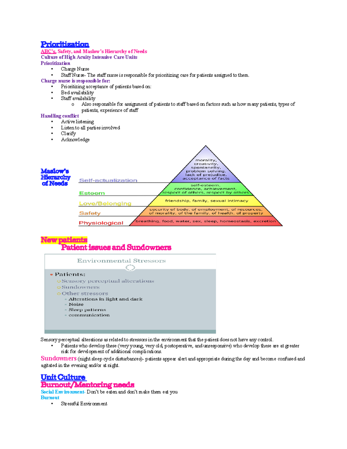 Unit 1 notes - Prioritization ABC’s, Safety, and Maslow’s Hierarchy of ...
