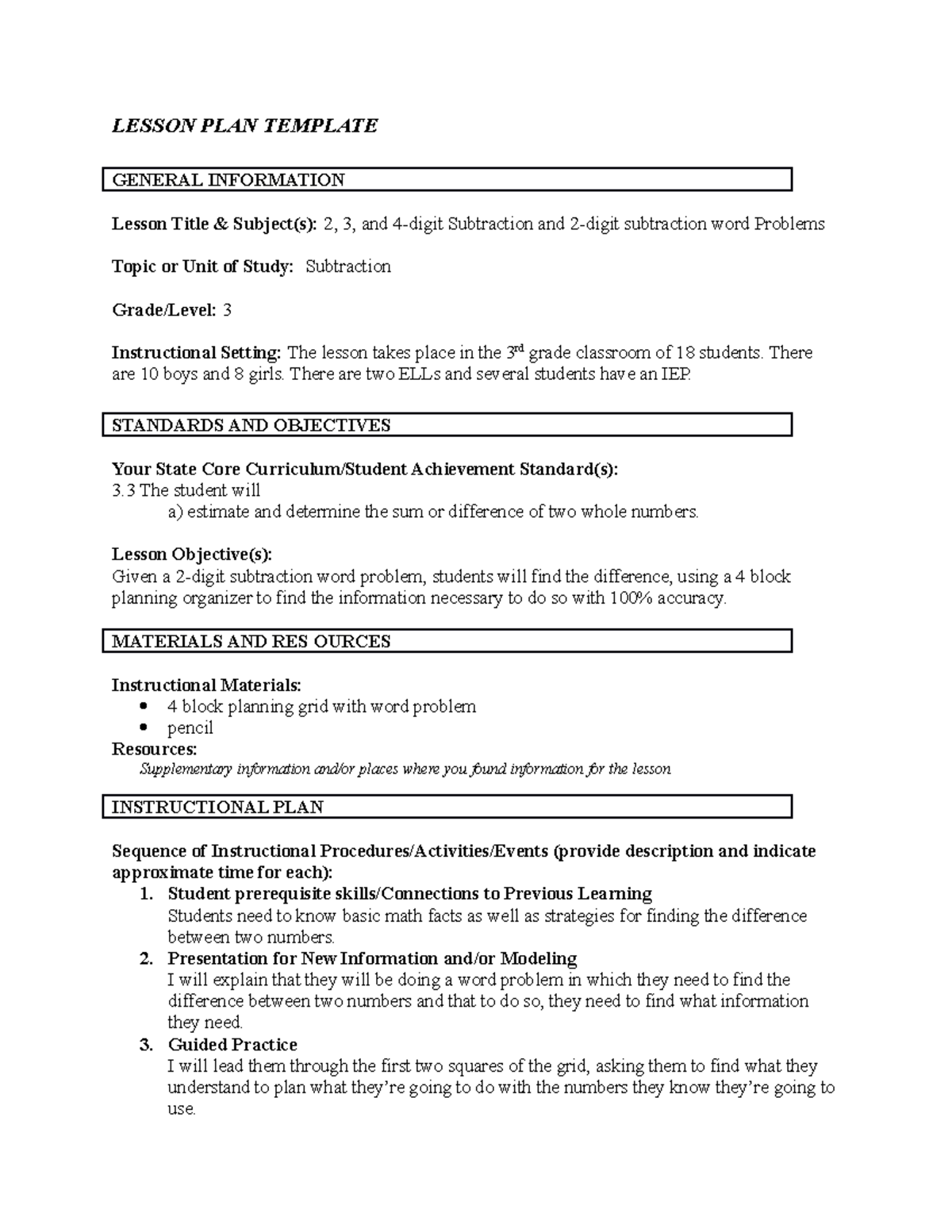 2018 11 12 two digit word problems - LESSON PLAN TEMPLATE GENERAL ...