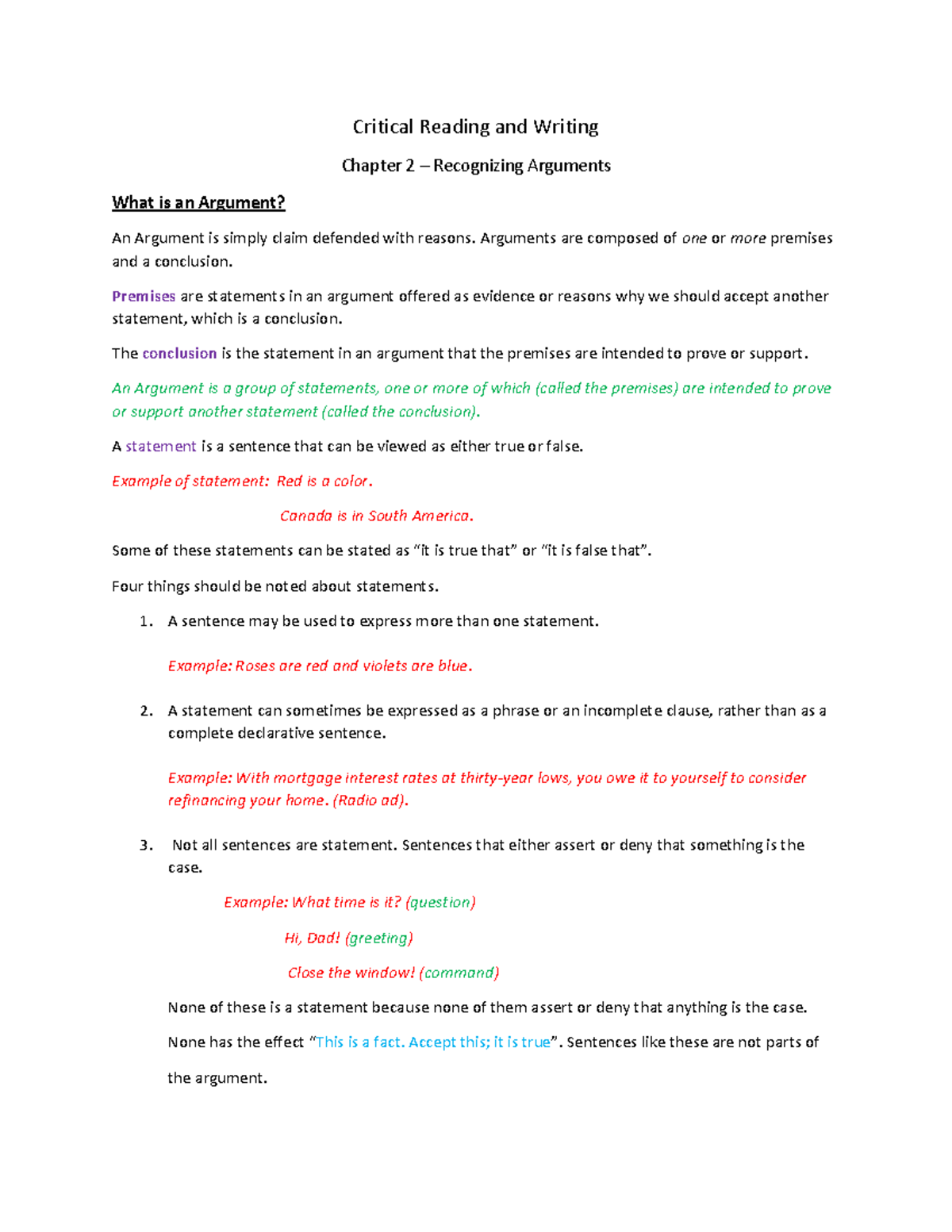 2. Crticial Reading and Writing - Critical Reading and Writing Chapter 2 – Recognizing Arguments ...