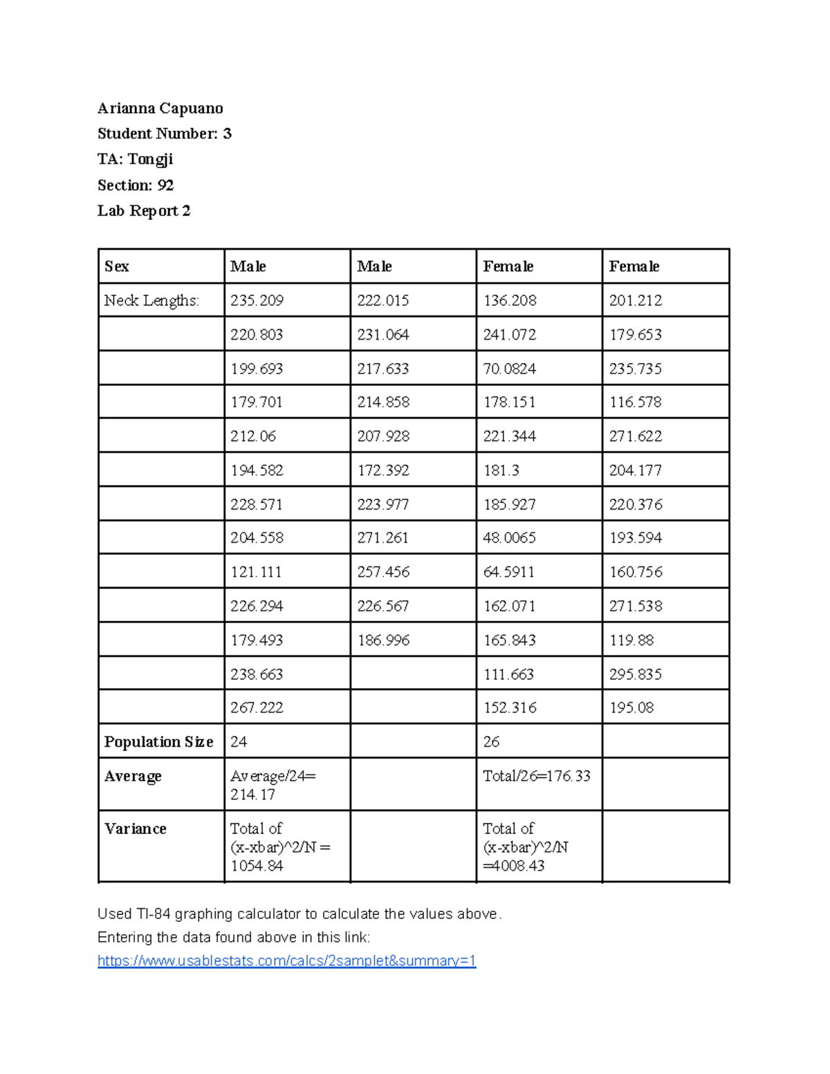 Genetics Lab Report 2 Data - Arianna Capuano Student Number: 3 TA ...