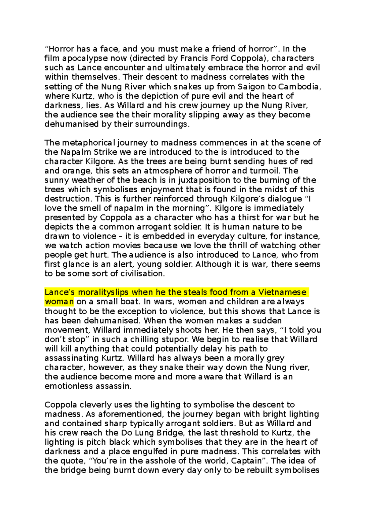 Practice Film Essay - “Horror has a face, and you must make a friend of ...