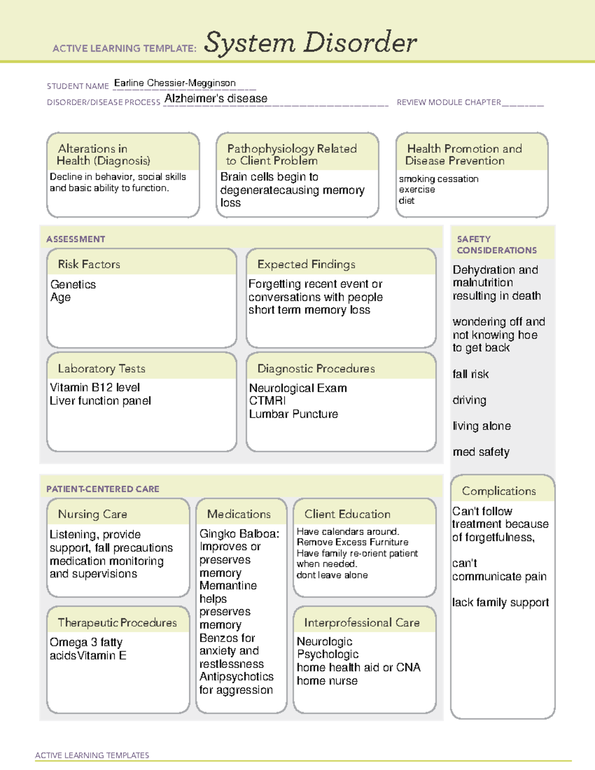 Alzheimer's concept map - ACTIVE LEARNING TEMPLATES System Disorder ...