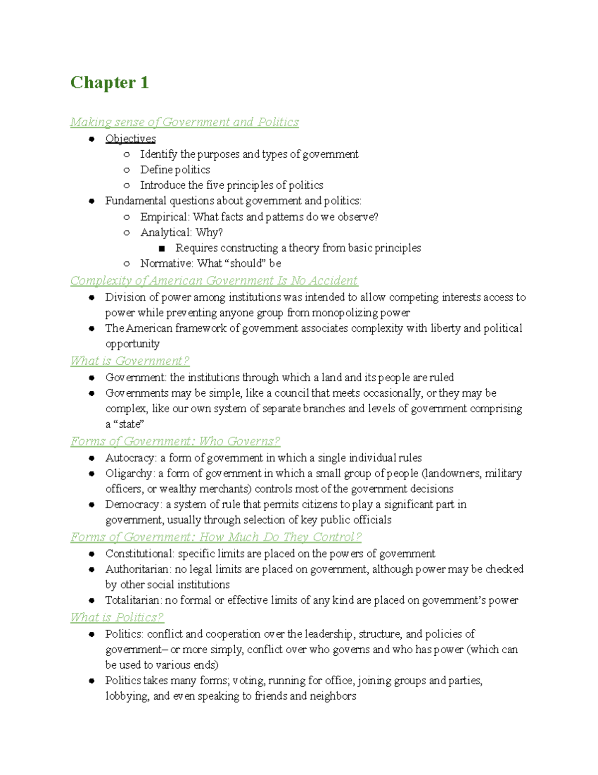 POLI 201 001 - Exam 1 Material - Chapter 1 Making sense of Government ...