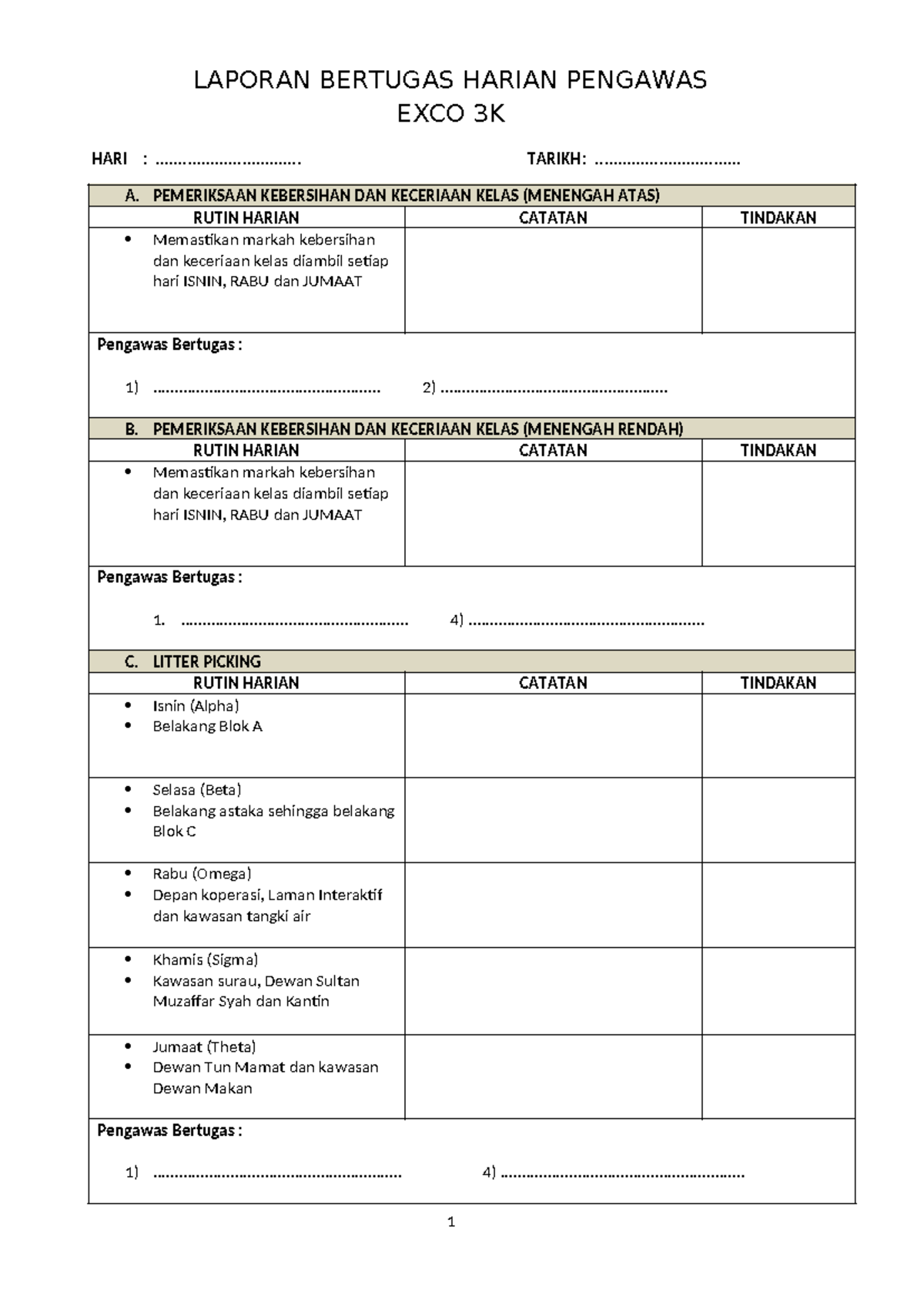 Laporan Harian Bertugas EXCO 3K - LAPORAN BERTUGAS HARIAN PENGAWAS EXCO 3K HARI : - Studocu