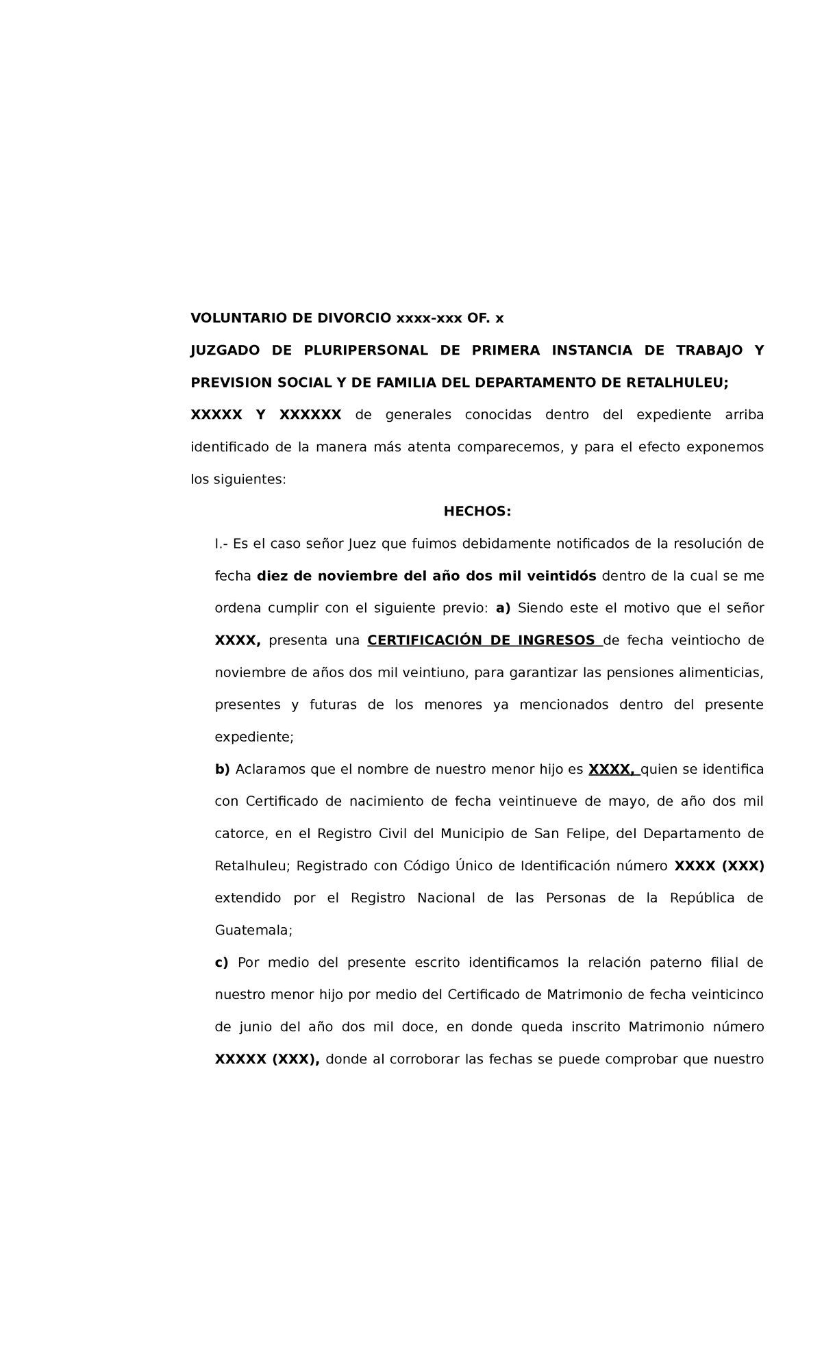 Memorial DE Subsanacion DE Previos Studocu - VOLUNTARIO DE DIVORCIO ...