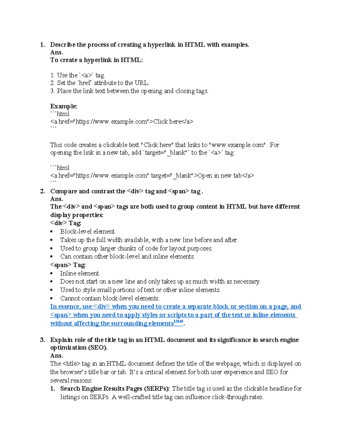 HTML CT-1 - ..... - 1. Describe the process of creating a hyperlink in ...