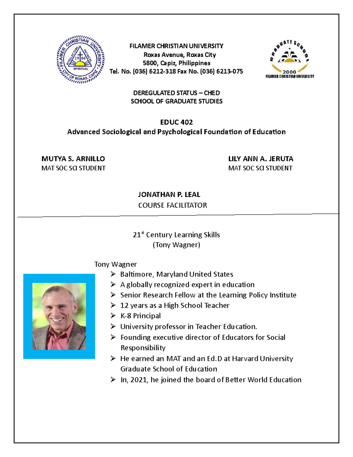 21ST Century Learning Skills EDUC 402 - FILAMER CHRISTIAN UNIVERSITY ...